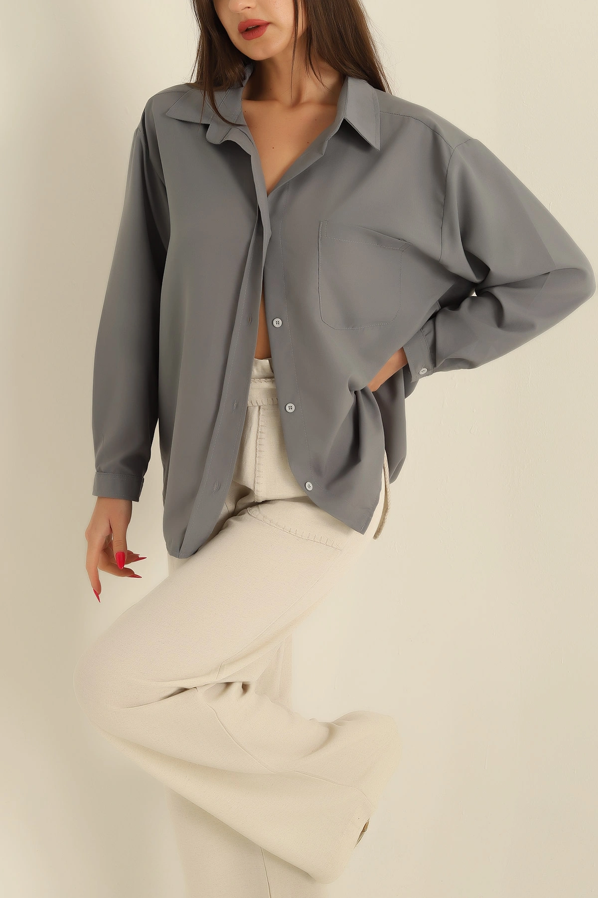 Füme Galina Dokuma Oversize Bayan GÖmlek 278218 | ModamızBir ...