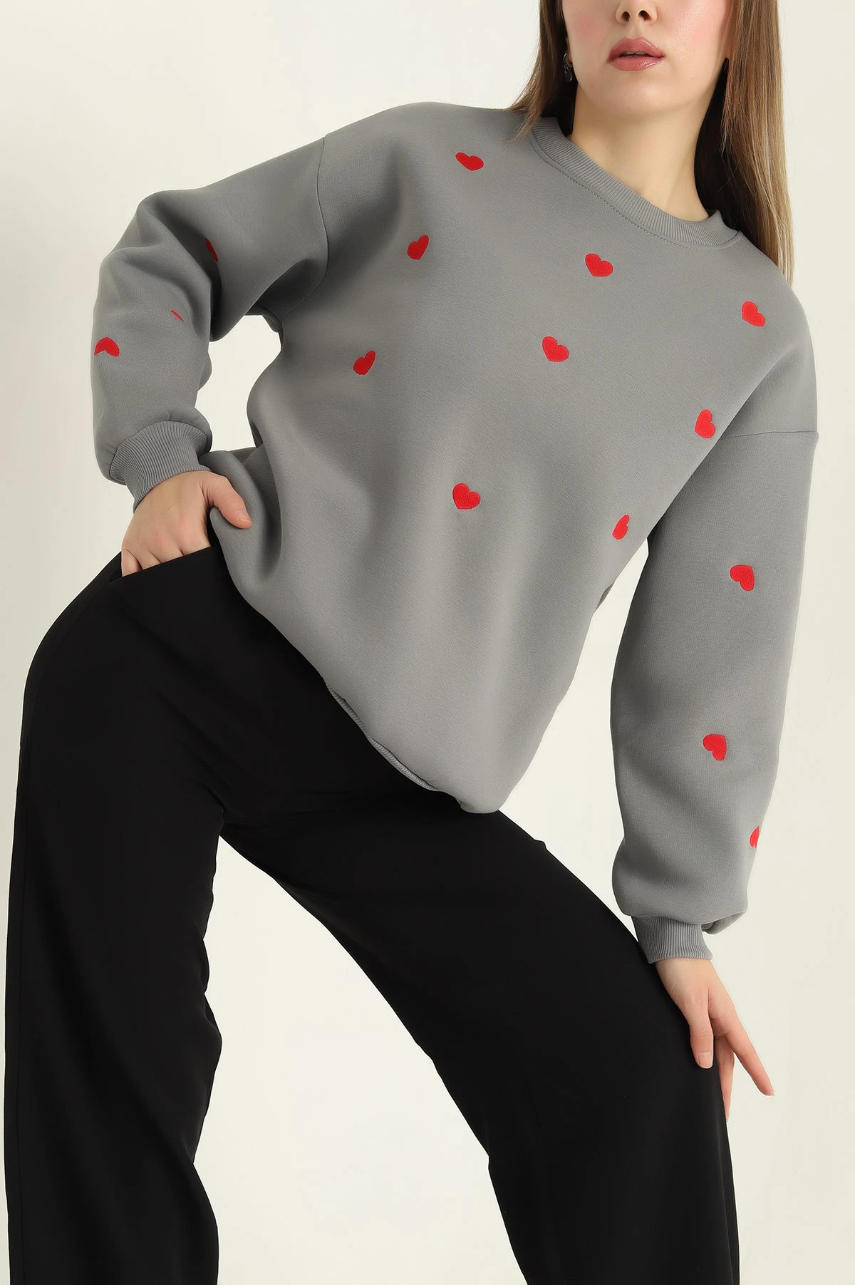 Füme Şardonlu Nakışlı Üç İp Bayan Sweat 314037