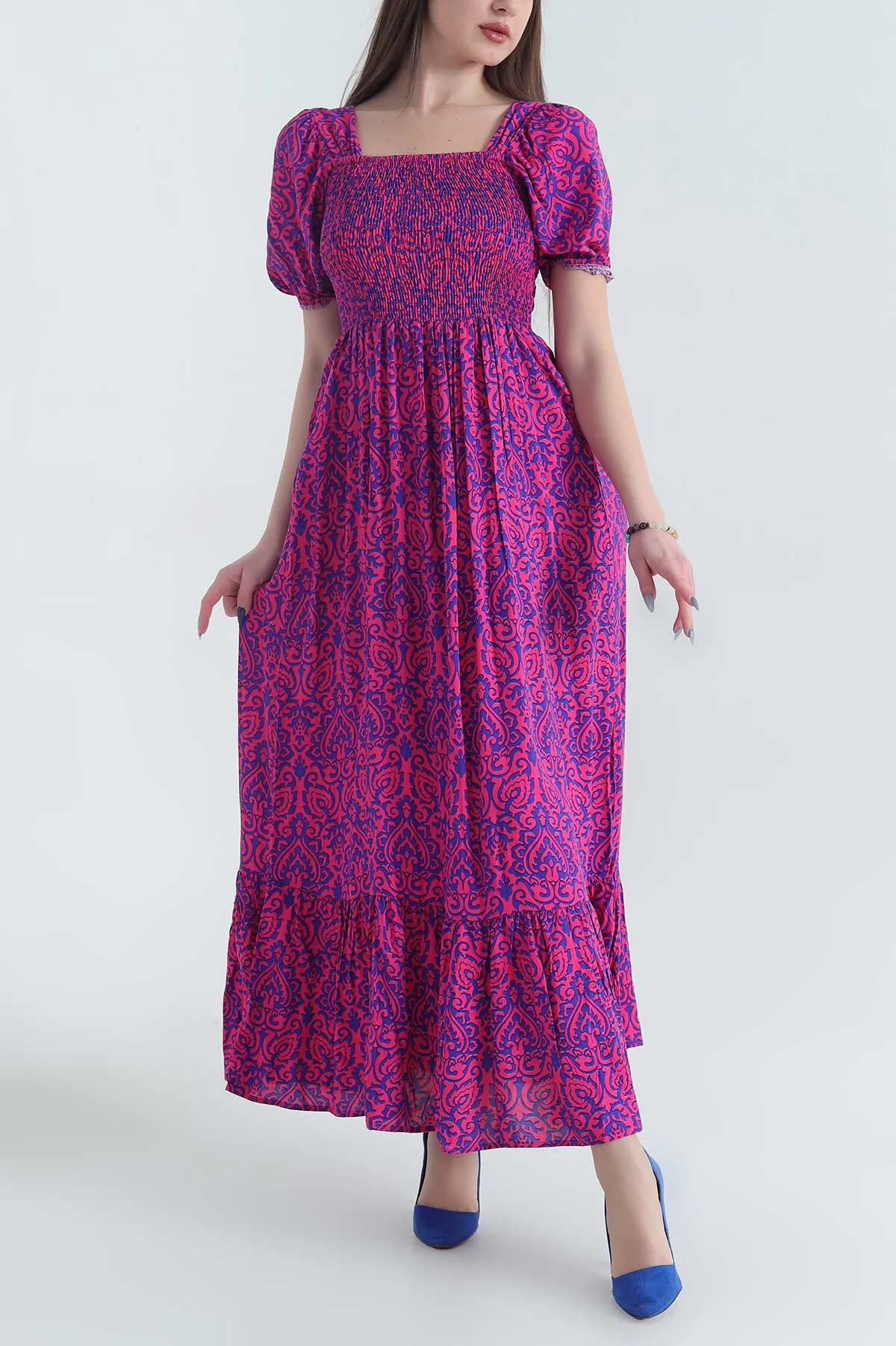 Fuşya Beli Gipeli Dokuma Viskon Kadın Elbise 341850