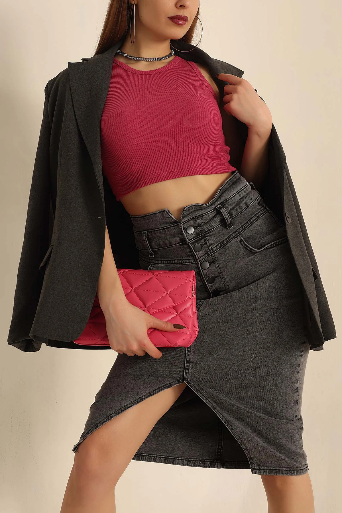 Fuşya Fitilli Kolsuz Üst 240789 | ModamızBir | Modamizbir.Com