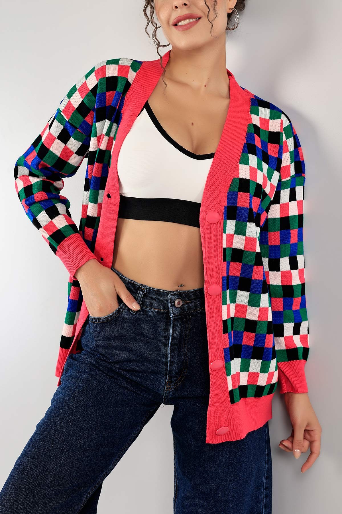 Fuşya Renkli Kare Dese Triko Hırka 129571 | ModamızBir | Modamizbir.Com