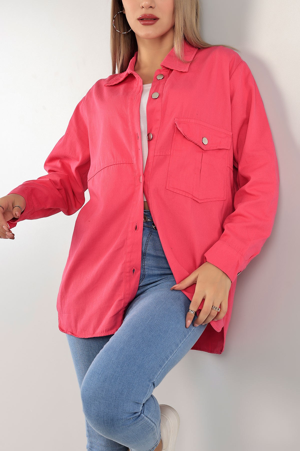 Fuşya Tek Cep Gabardin Gömlek Ceket 143301 | ModamızBir | Modamizbir.Com