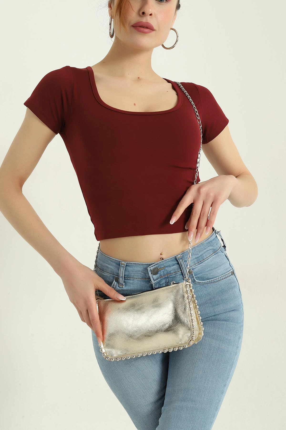 Gold Zincir Askılı Boncuk Detaylı Kadın El ve Omuz Çantası 303615