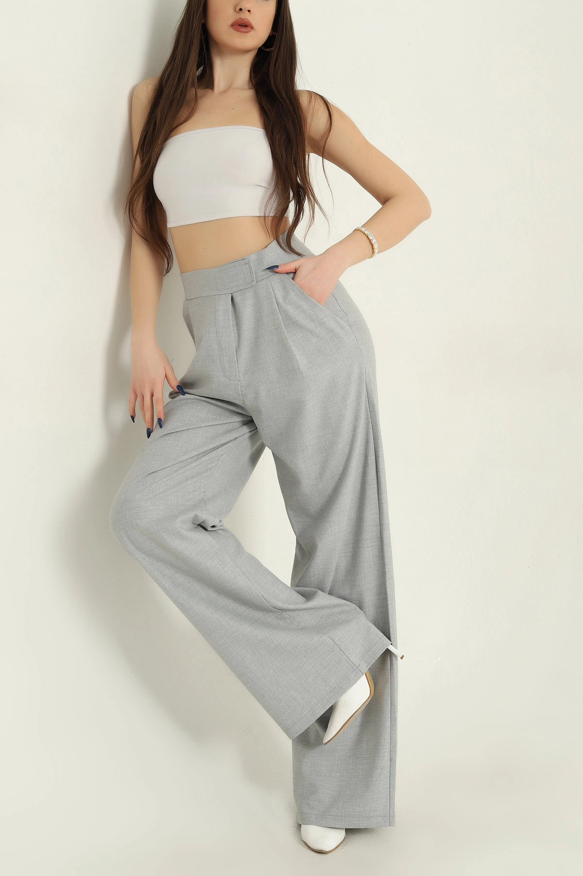 Gri Cırt Kemerli Bezayağı Pantolon 345345