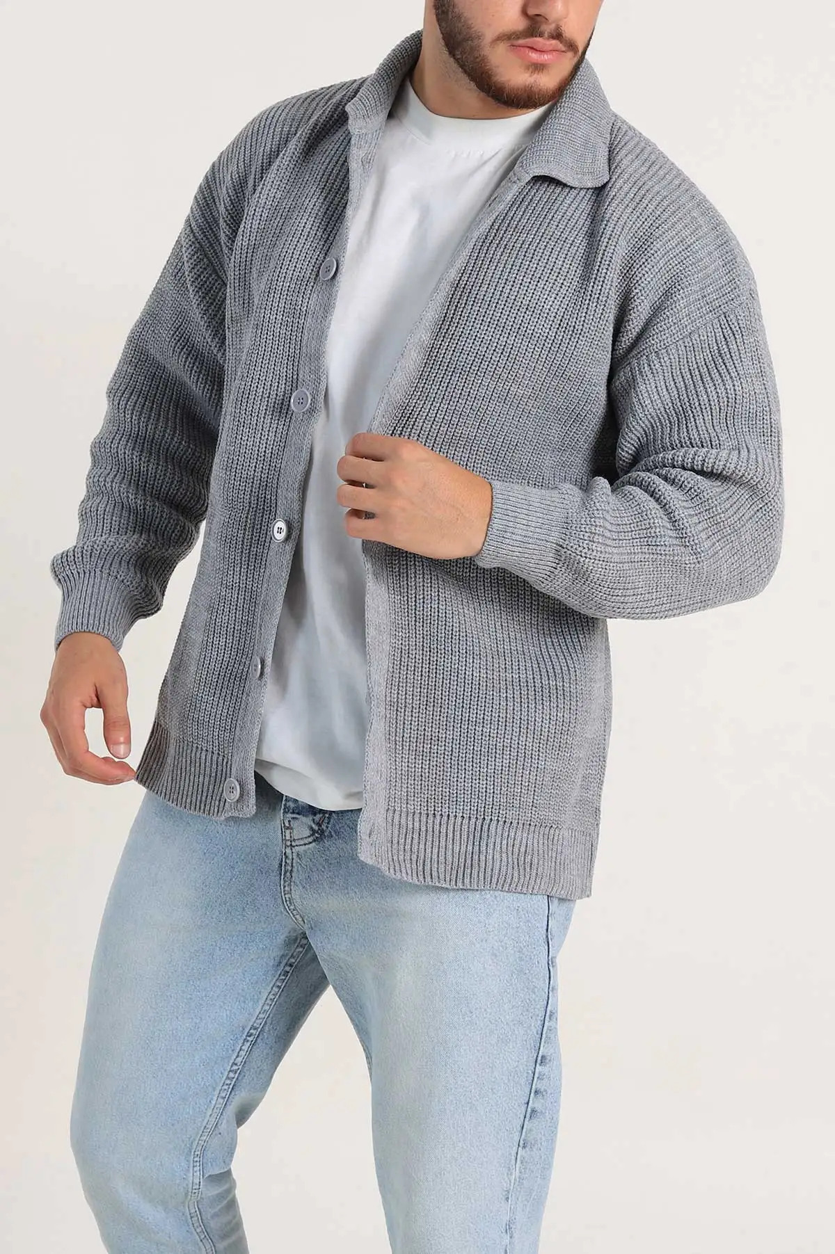 Gri Relaxed Fit Erkek Kalın Örme Hırka 306451