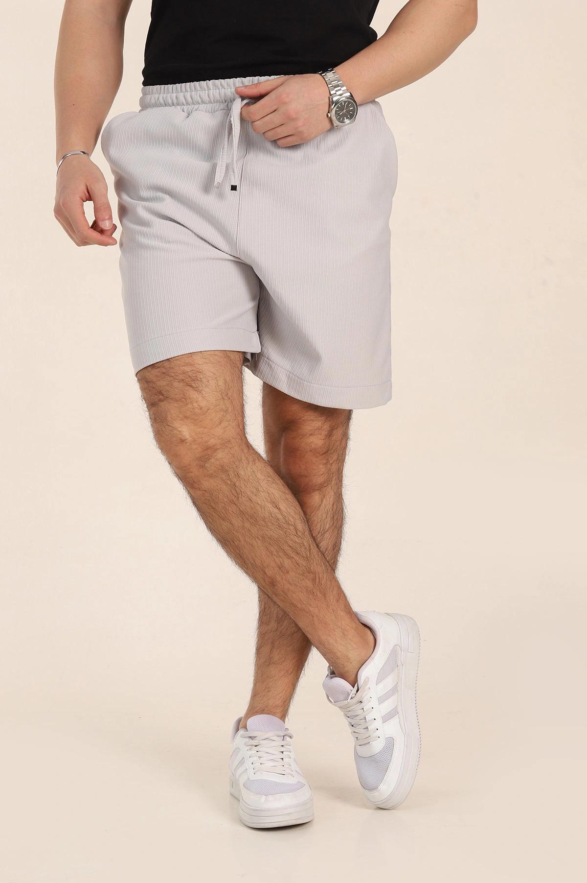 Gri Relaxed Fit Fitilli Doku Erkek Şort 356370