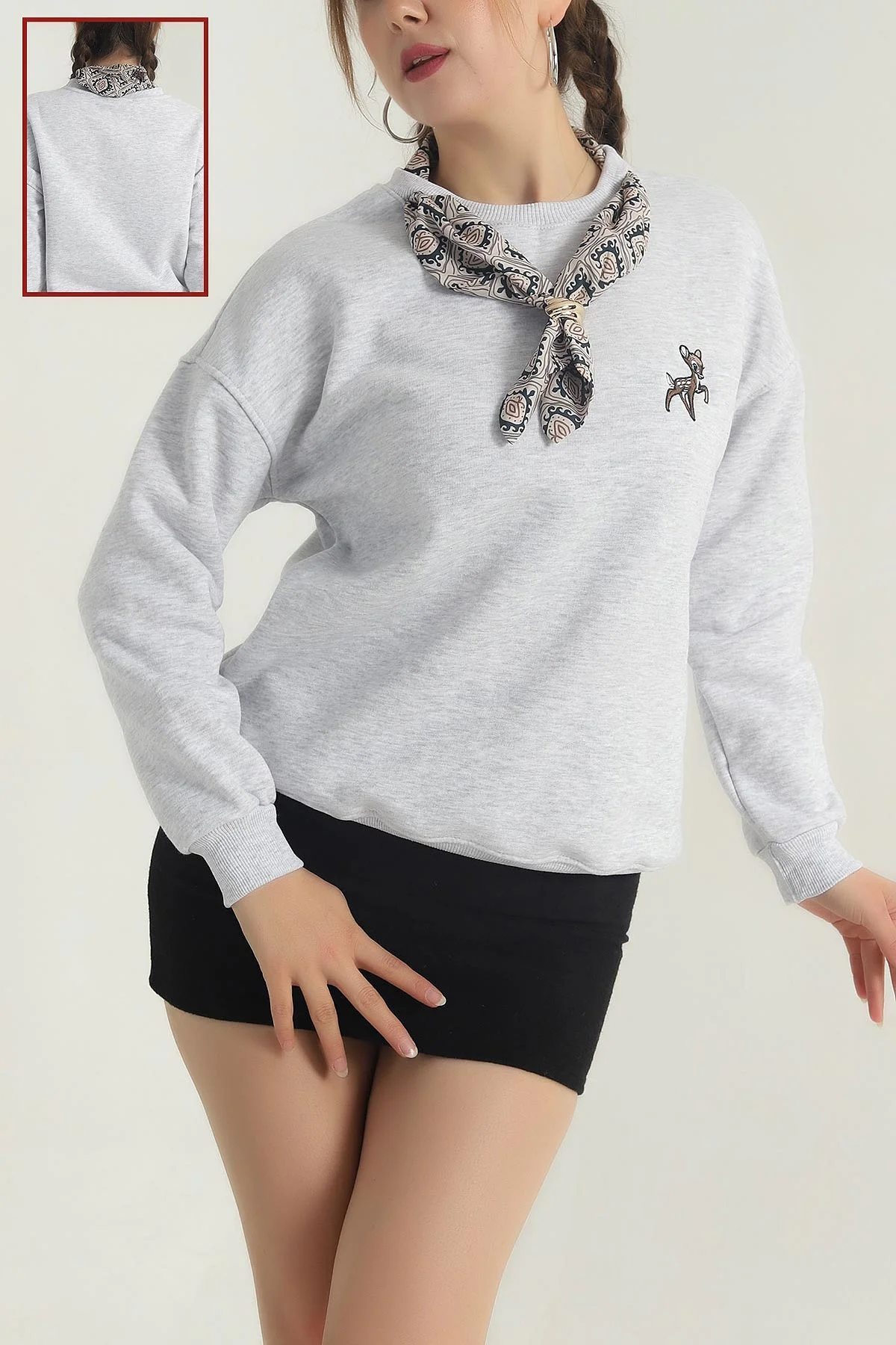 Gri Şardonlu Fularlı Üç İp Kadın Sweat 402661