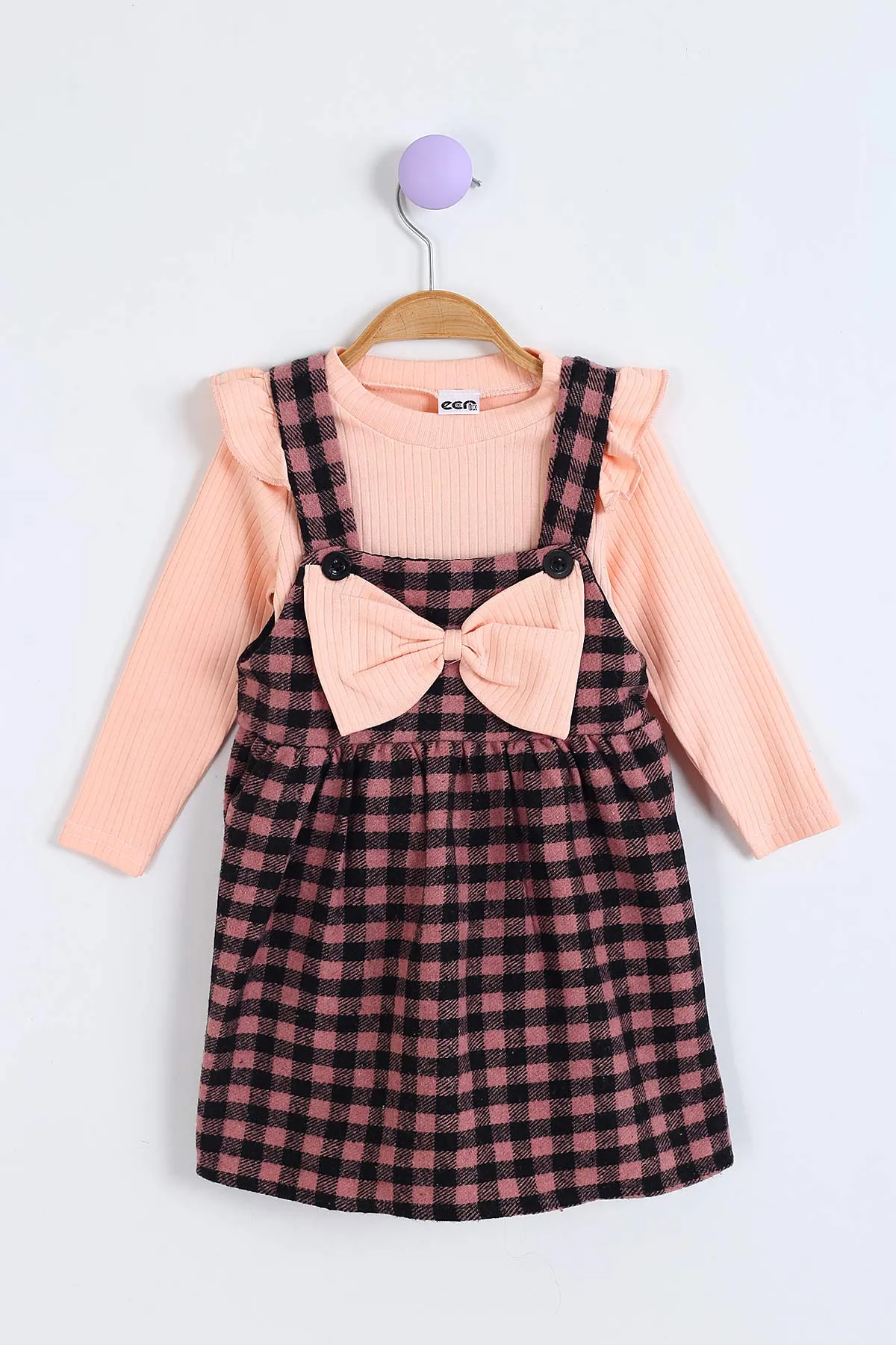 Gül Kurusu (1-4 Yaş) Fiyonklu Ekose Desenli Badili Kız Çocuk Elbise 299406
