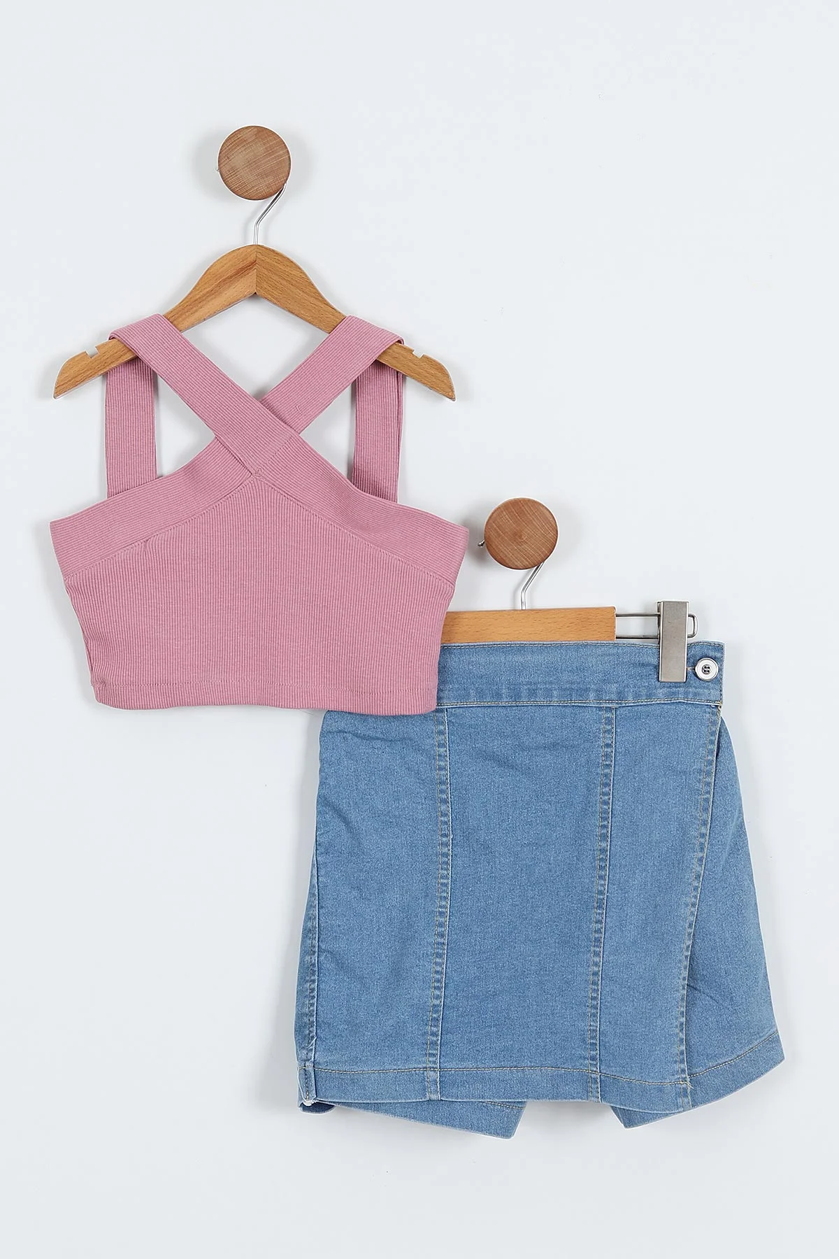 Gül Kurusu (7-10 Yaş)Croplu Kot Şort Etekli Kız Çocuk Yazlık Takım 347939