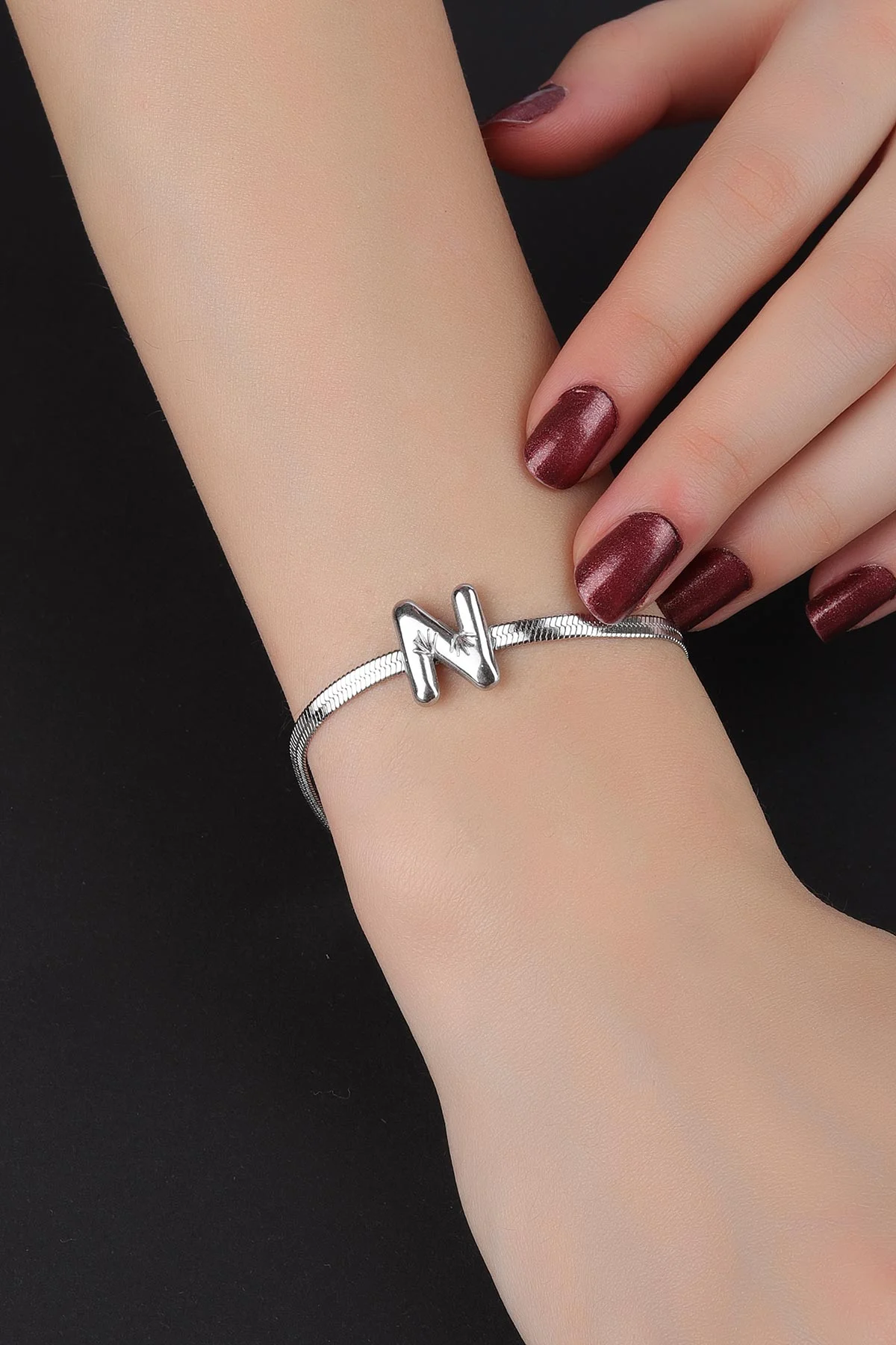 Gümüş N Harf İtalyan Ezme Zincir Çelik Bileklik 313553