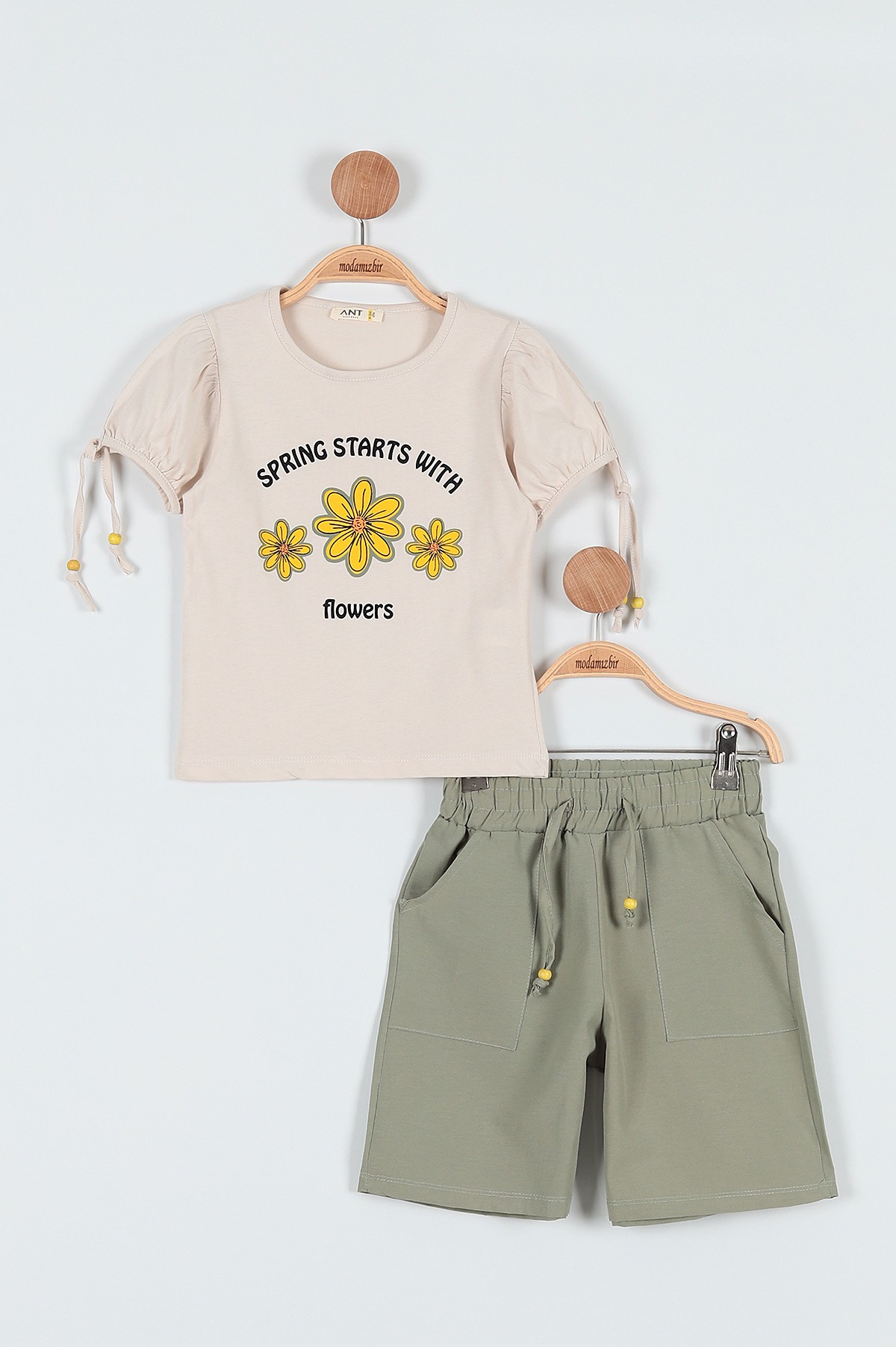 Haki (3-7 Yaş) Çiçek Flowers Baskılı Boncuklu Şortlu Kız Çocuk Takım ...