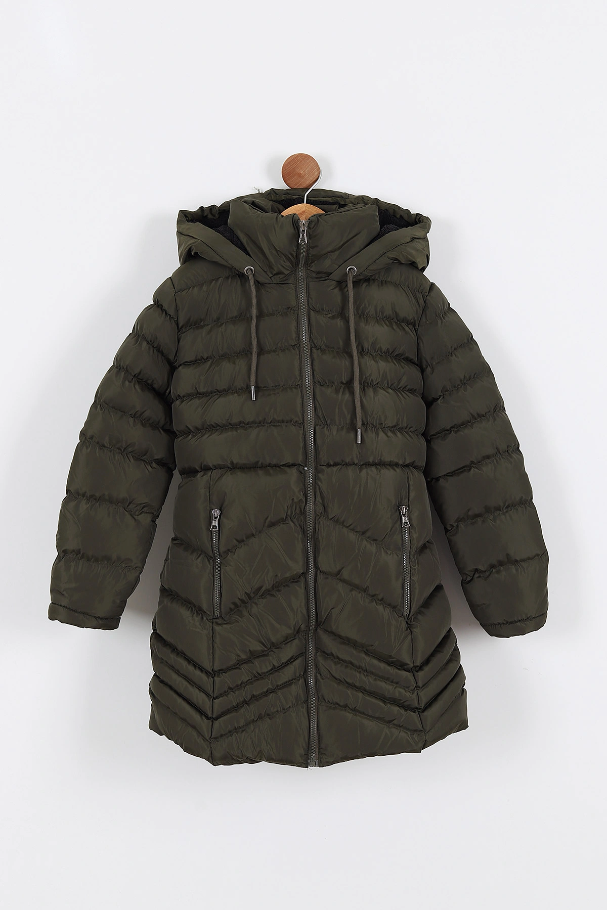 Haki (8-11 Yaş) Zikzak Desenli Kapüşonlu İçi Kürklü Kız Çocuk Kaban 309250