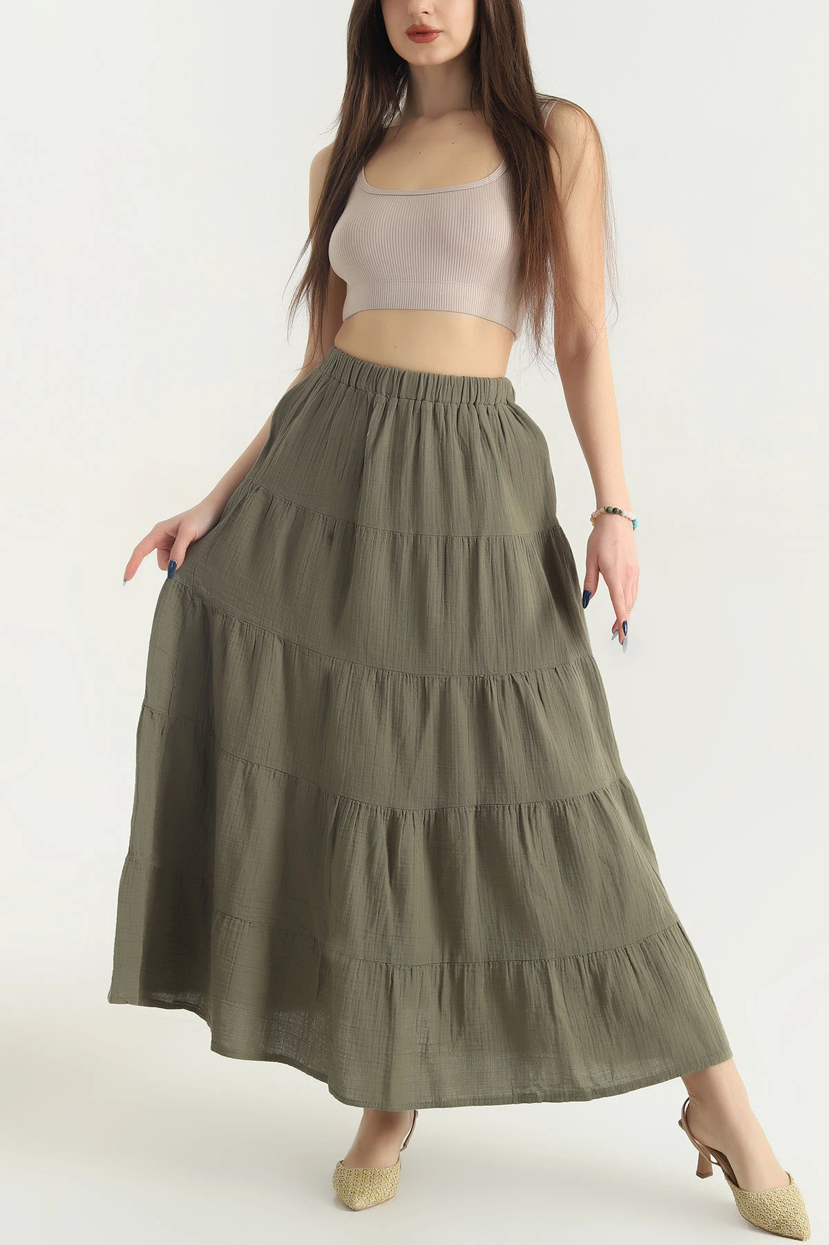 Haki Bel Lastikli Müslin Keten Çan Kadın Etek 341782