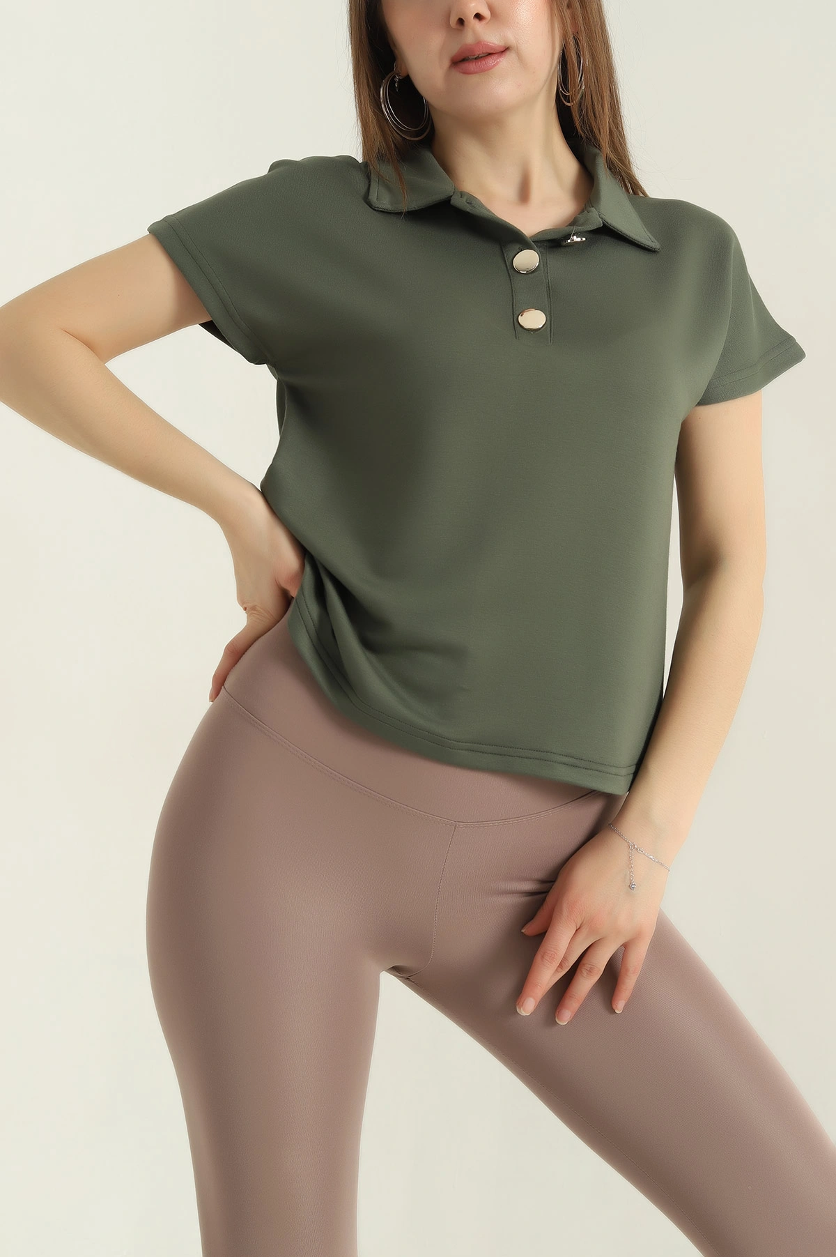 Haki Düğmeli İki İp Bluz 350540