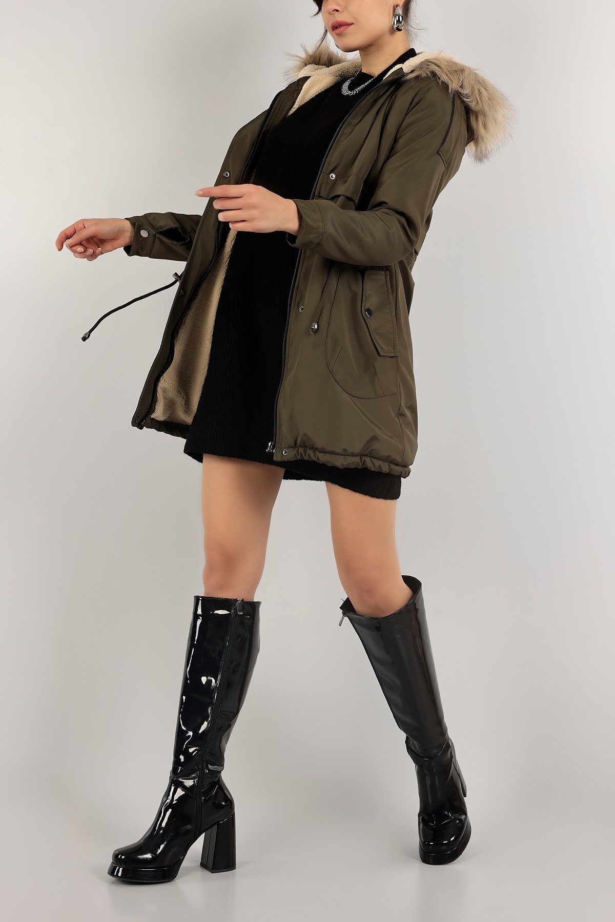 Haki İçi Kürklü Bayan Mont 138381 | ModamızBir | Modamizbir.Com