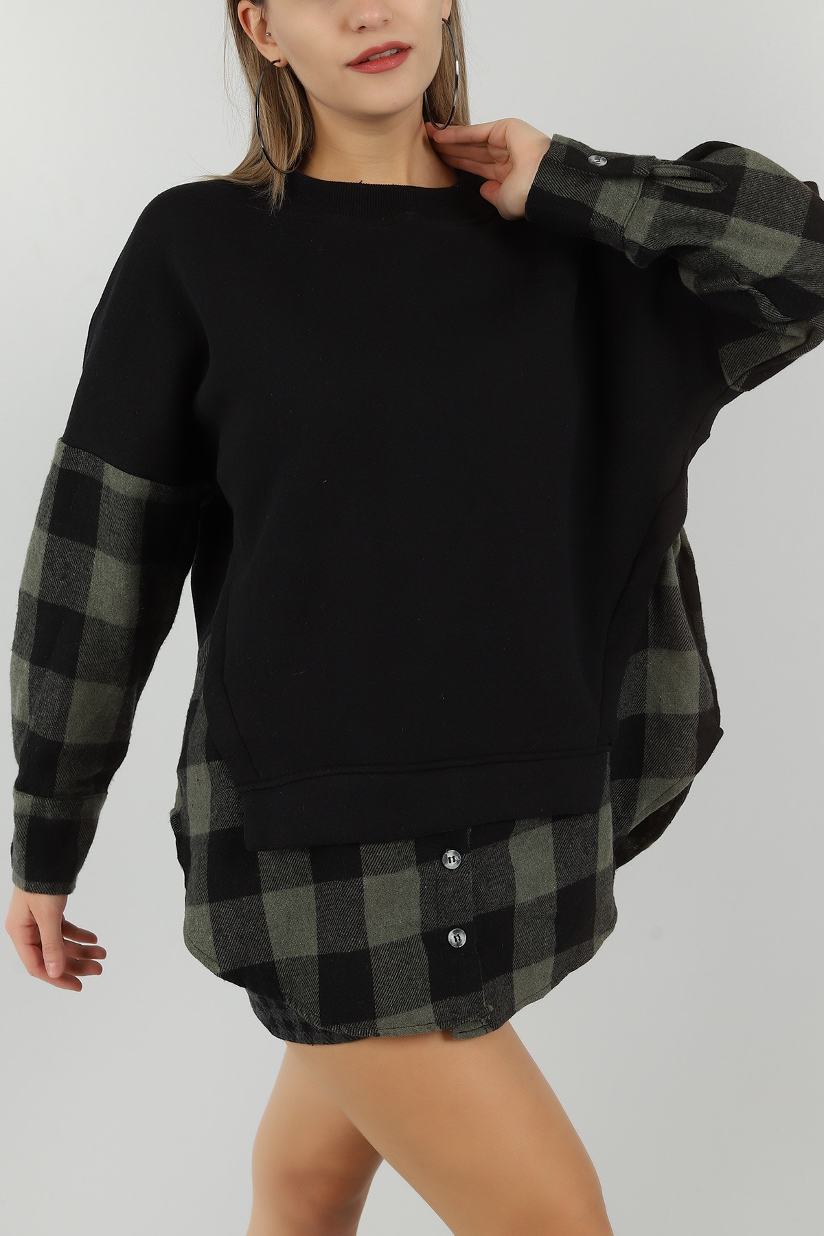 Haki Kaşe Geçişli İçi Şardonlu Sweat 144344 Modamızbir Modamizbircom