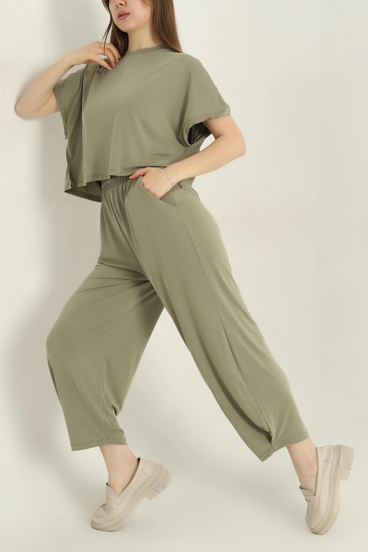 Haki Modal Likralı Şalvar Tişört Kadın İkili Takım 357386