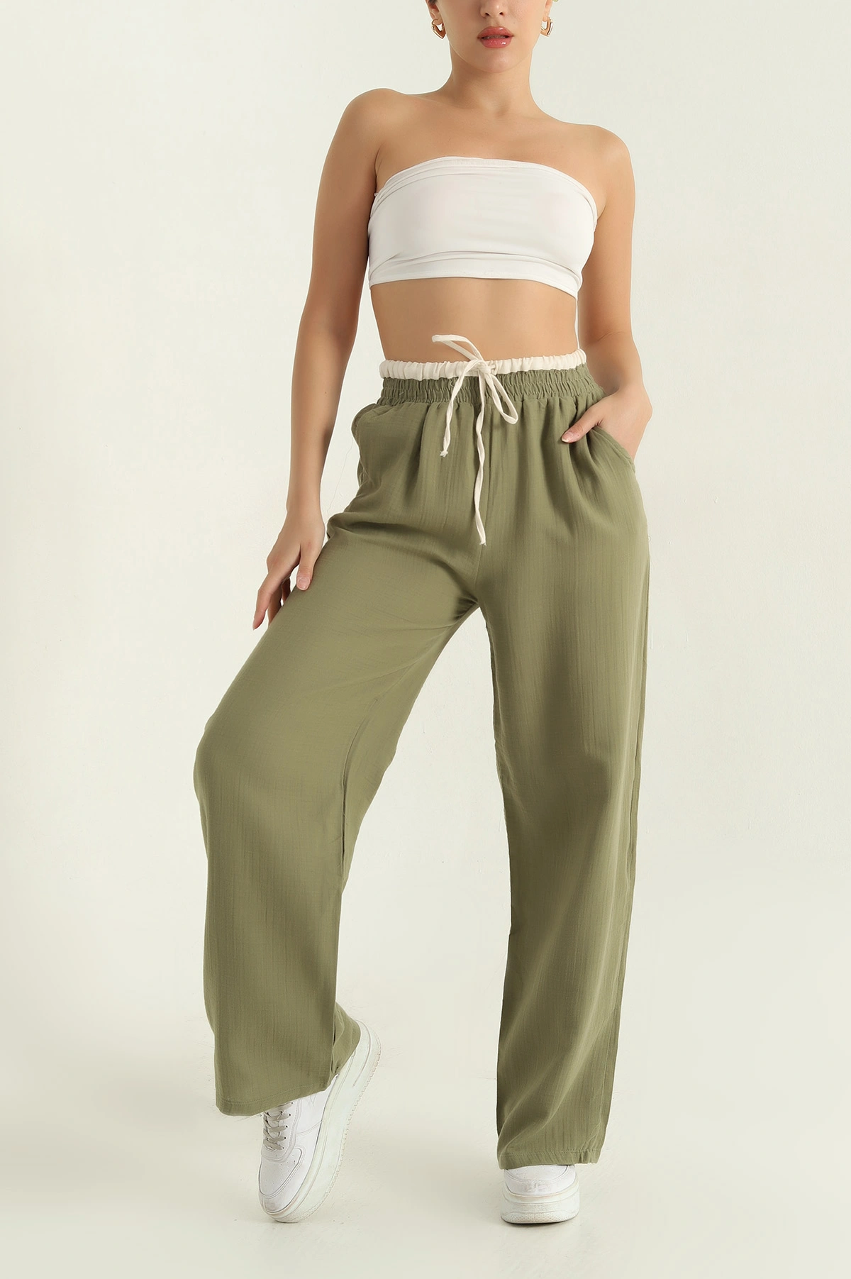 Haki Müslin Keten Palazzo Kadın Pantolon 367958