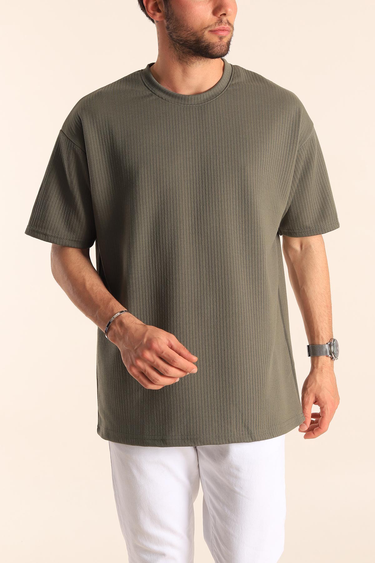 Haki Oversize Bisiklet Yaka Erkek Tişört 181392 | ModamızBir ...