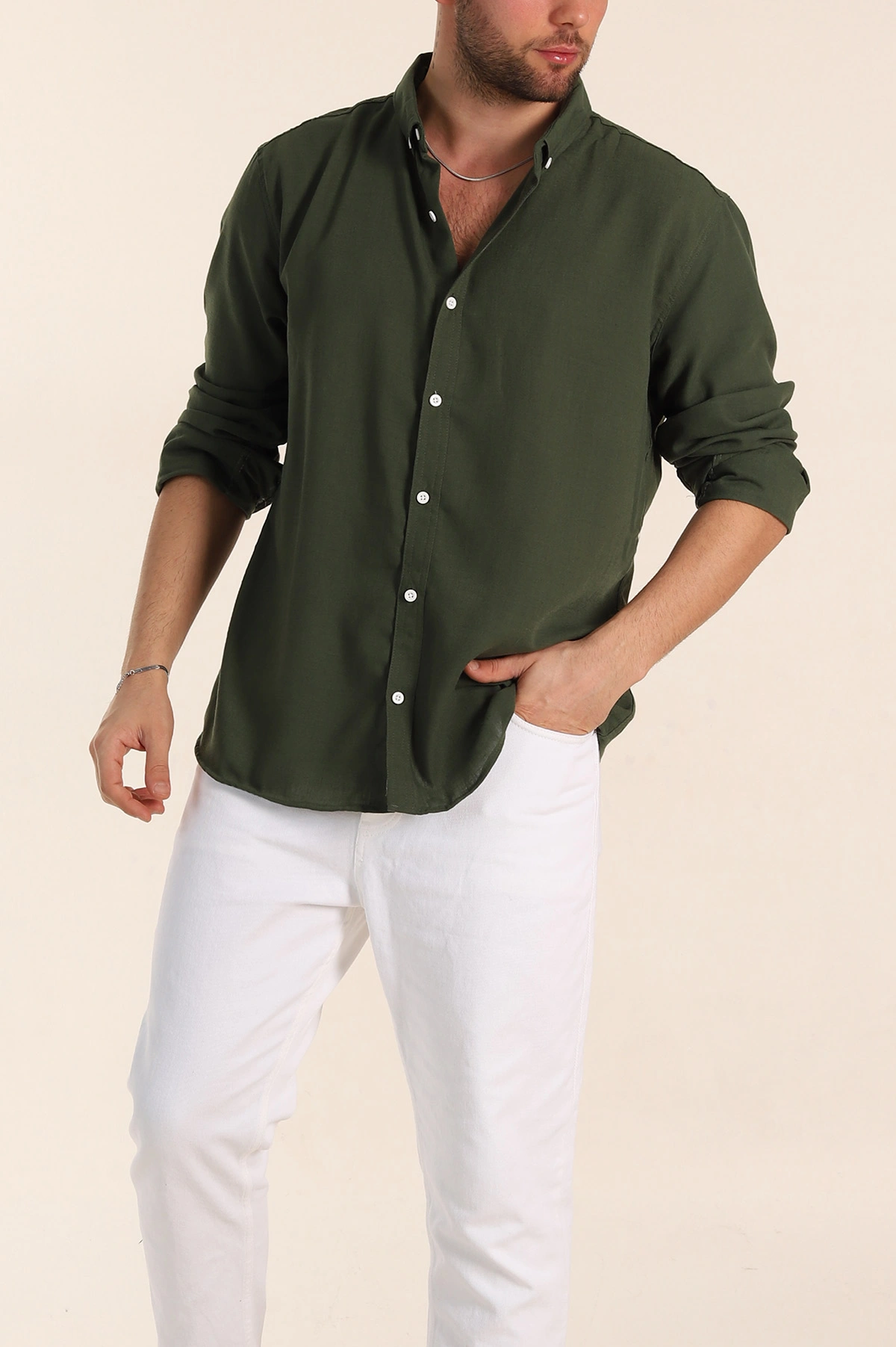 Haki Relaxed Fit Keten Ata Yaka Erkek Gömlek 339109