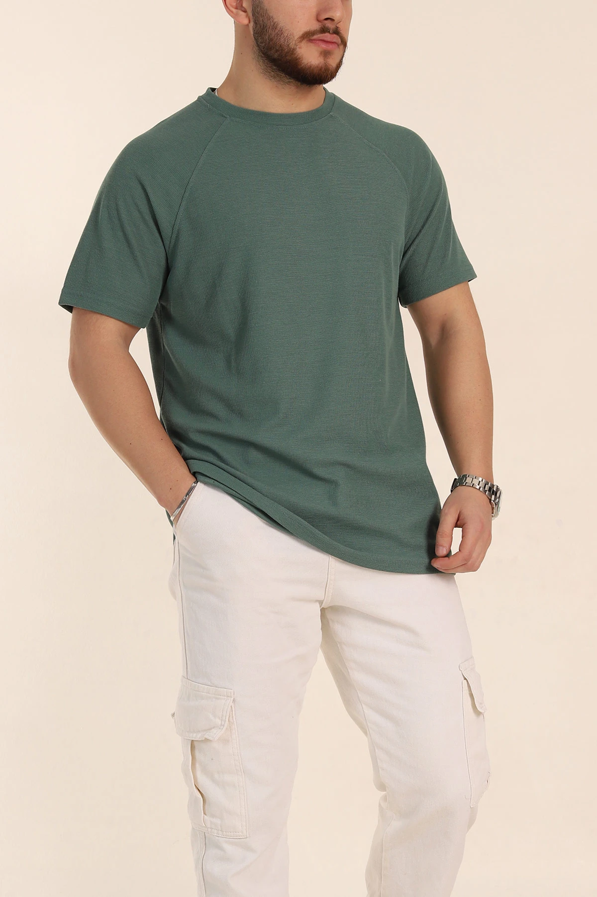 Haki Relaxed Fit Petek Dokulu Reglan Kol Basic Erkek Tişört 352024