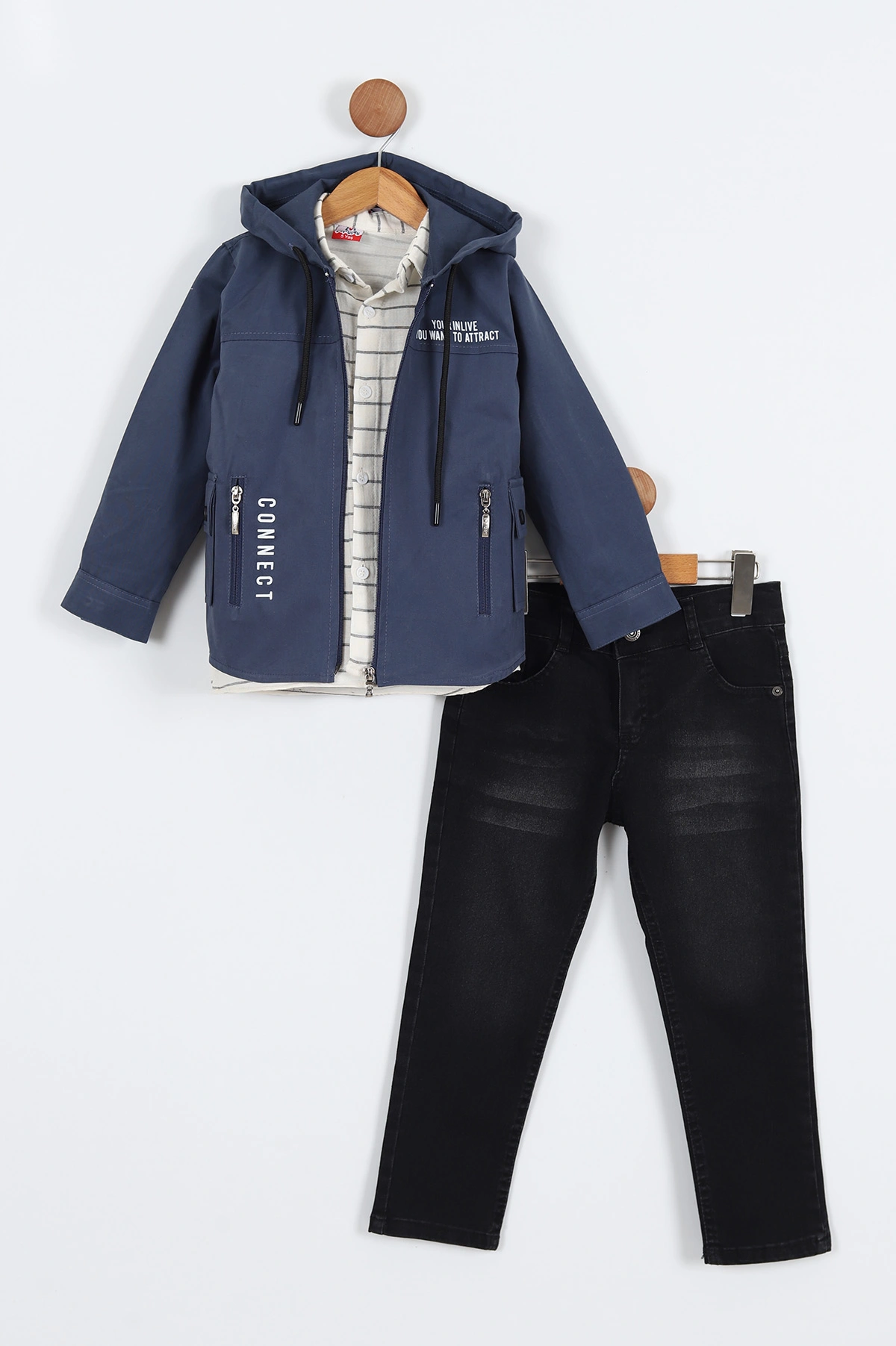 İndigo (5-8 Yaş)Cep Detaylı Çizgili Gömlekli Kapüşonlu Ceketli Kot ...