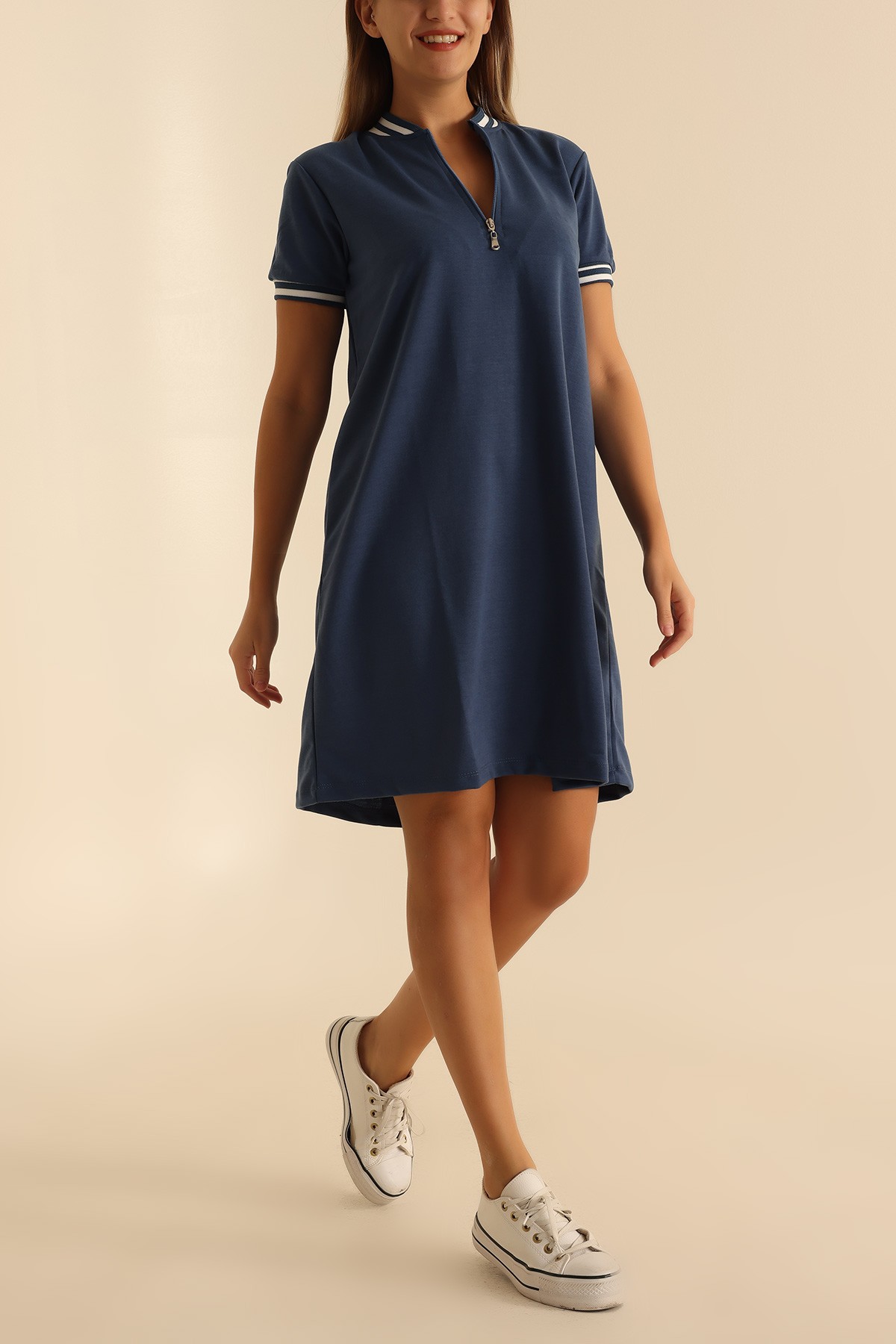 İndigo Fermuarlı İki İp Elbise 201049 | ModamızBir | Modamizbir.Com