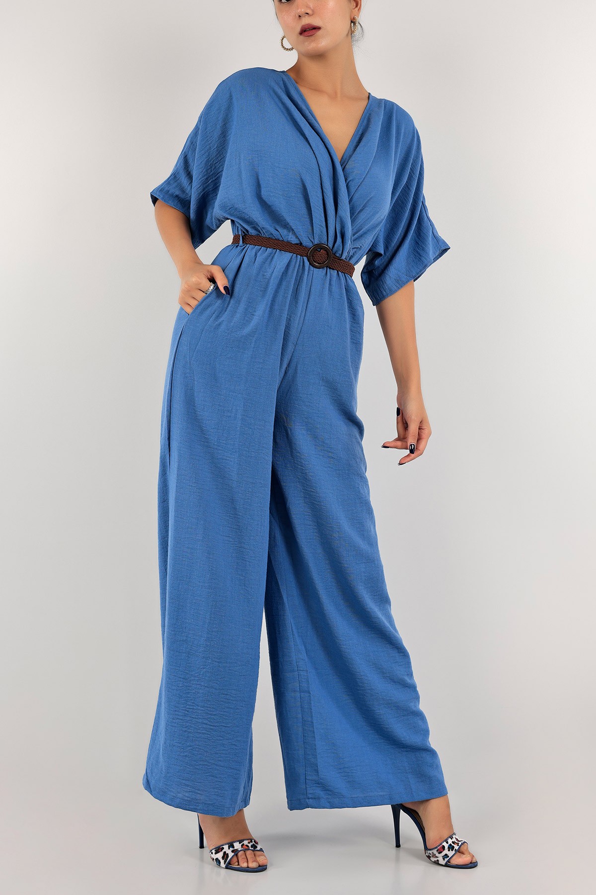 İndigo Kemerli Cepli Bayan Keten Tulum 127007 | ModamızBir | Modamizbir.Com