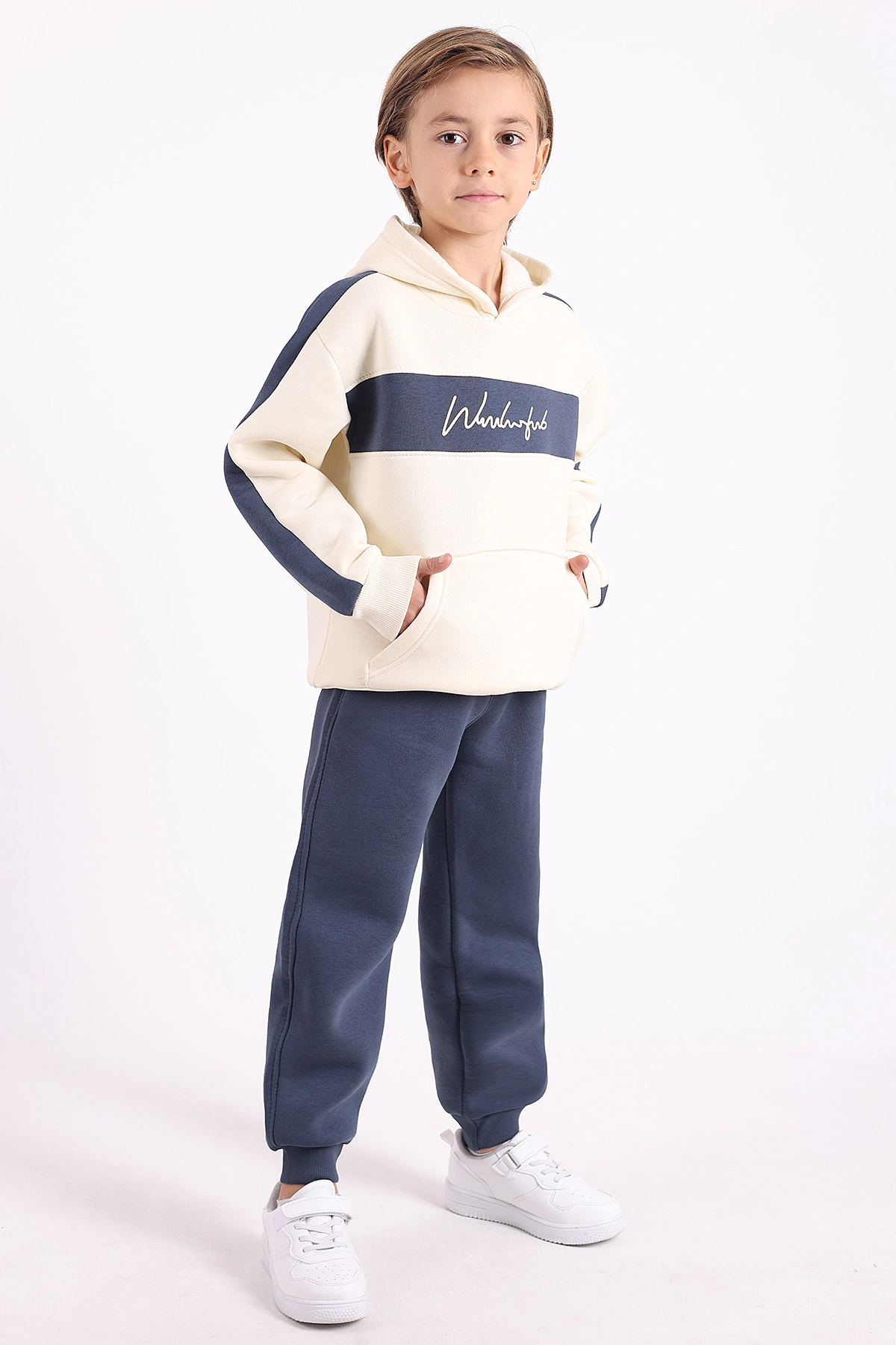 İndigo Krem (5-12 Yaş)Yazı Baskılı Kanguru Cepli Kapüşonlu Üç İp ...