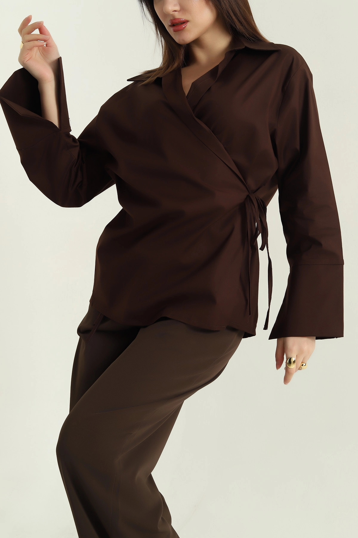 Kahve Poplin Bağlamalı Bayan Gömlek 334339