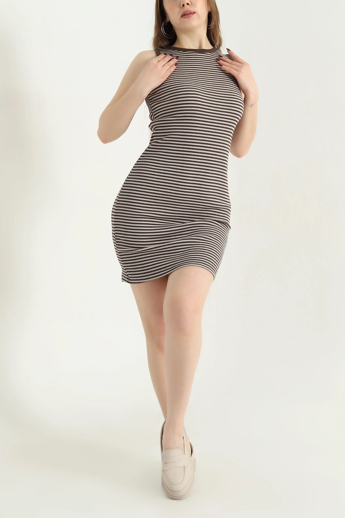 Kahverengi Çizgili Fitilli Likralı Elbise 340600