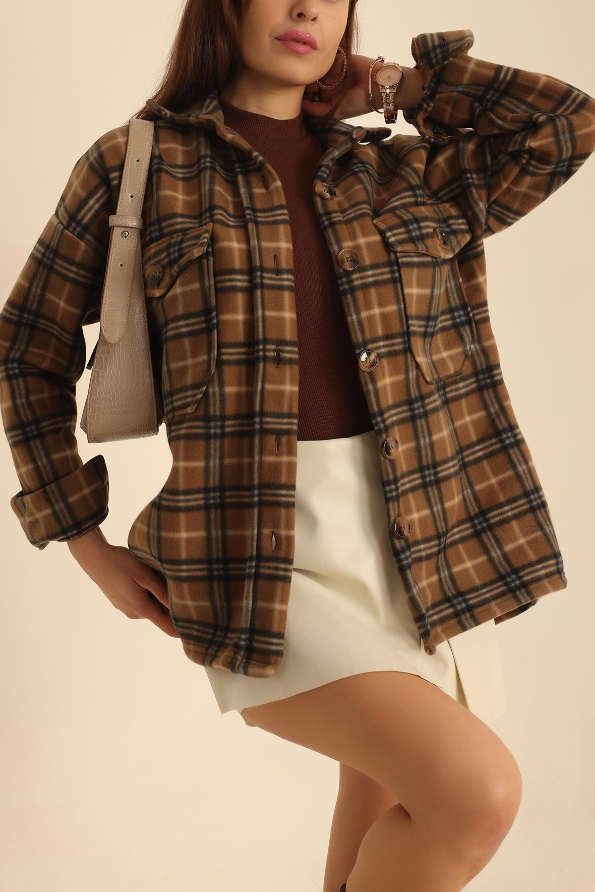 Kahverengi Desenli Polar Gömlek Ceket 218272 | ModamızBir | Modamizbir.Com