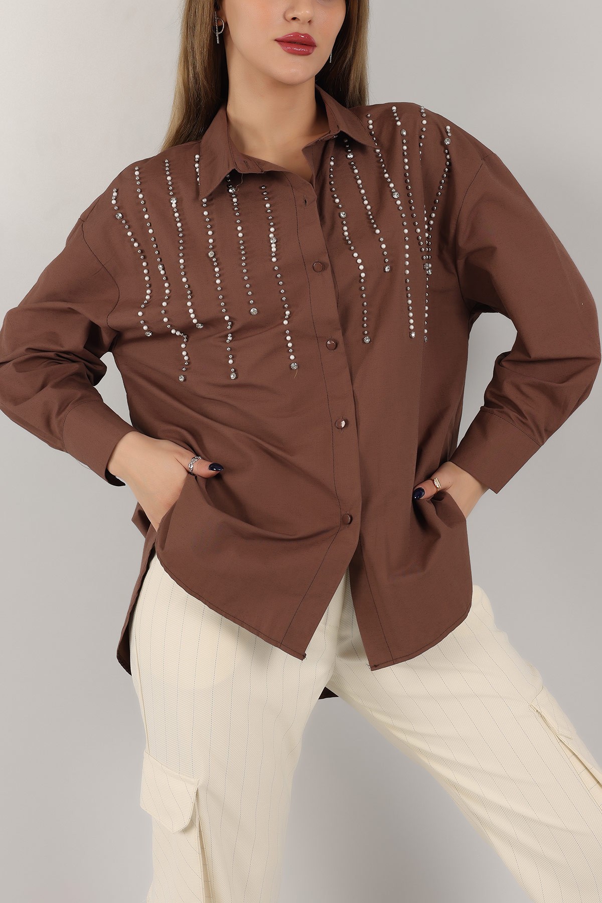 Kahverengi İncili Tasarım Gömlek 157876 | ModamızBir | Modamizbir.Com