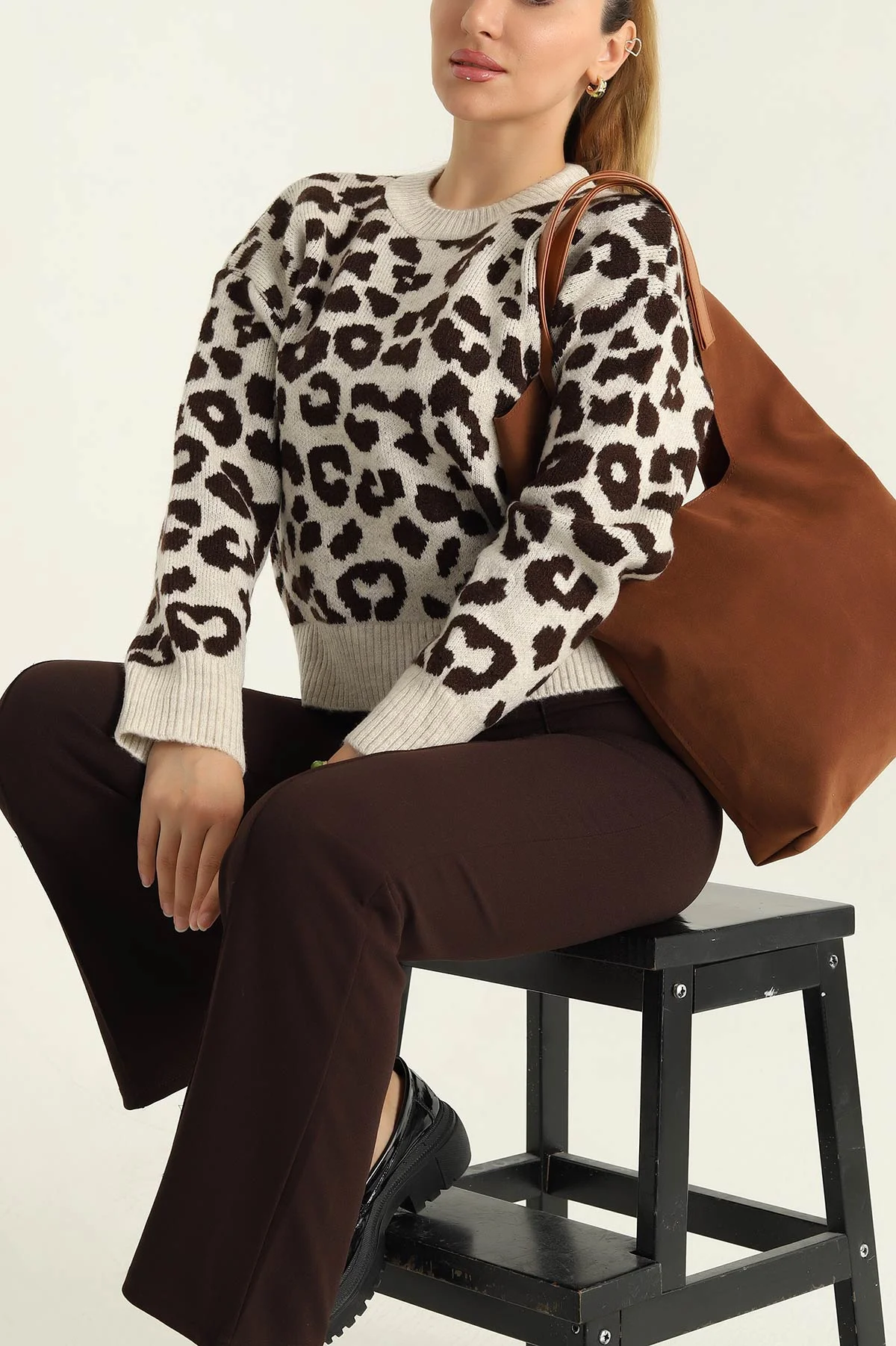 Kahverengi Kalın Örme Triko Kazak 309476