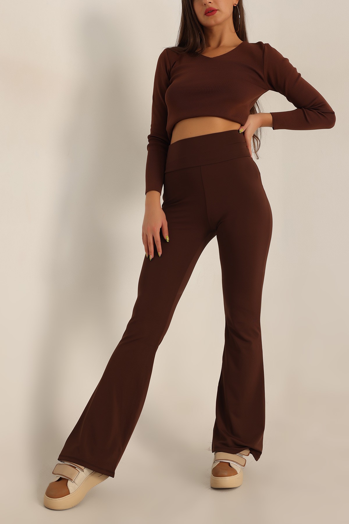 Kahverengi Likralı İspanyol Paça Tayt Pantolon 198817 | ModamızBir ...