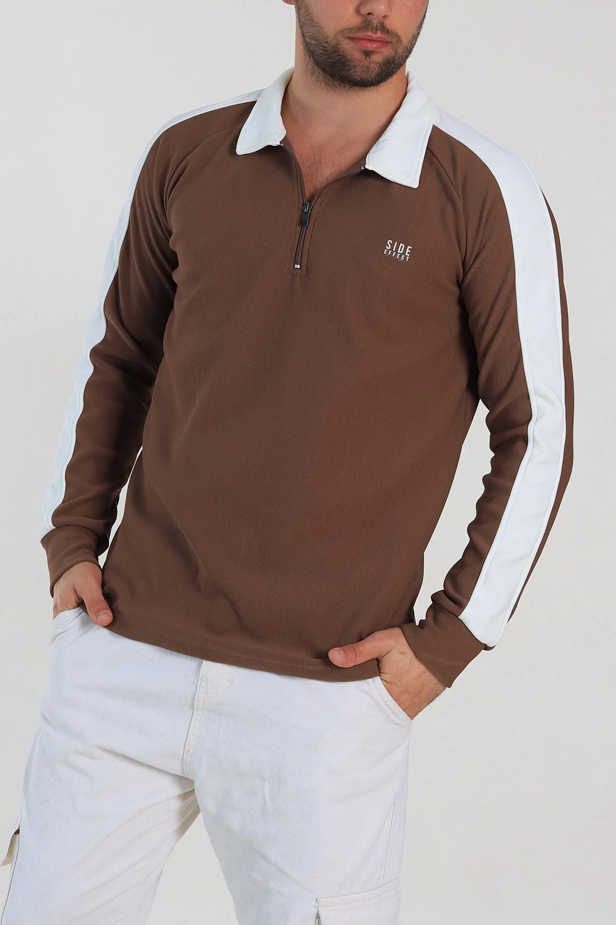 Kahverengi Regular Fit Kabartma Yazılı Fermuarlı Polo Yaka Erkek ...