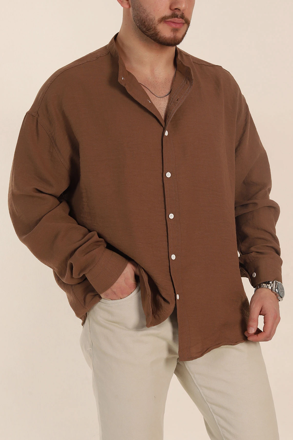 Kahverengi Relaxed Fit Keten Hakim Yaka Uzun Kollu Erkek Gömlek 355038