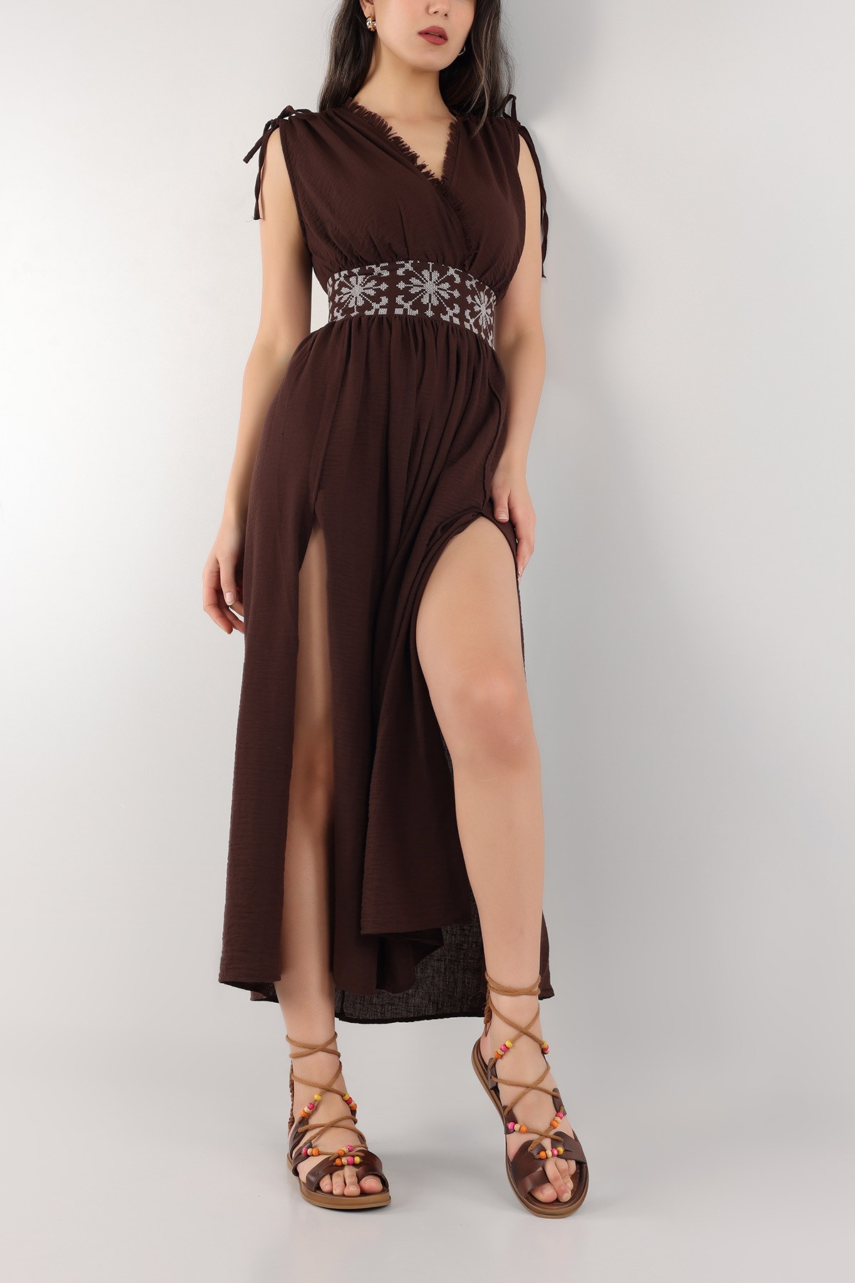 Kahverengi Yaka Detay Yırtmaçlı Pera Keten Elbise 171718 | ModamızBir ...
