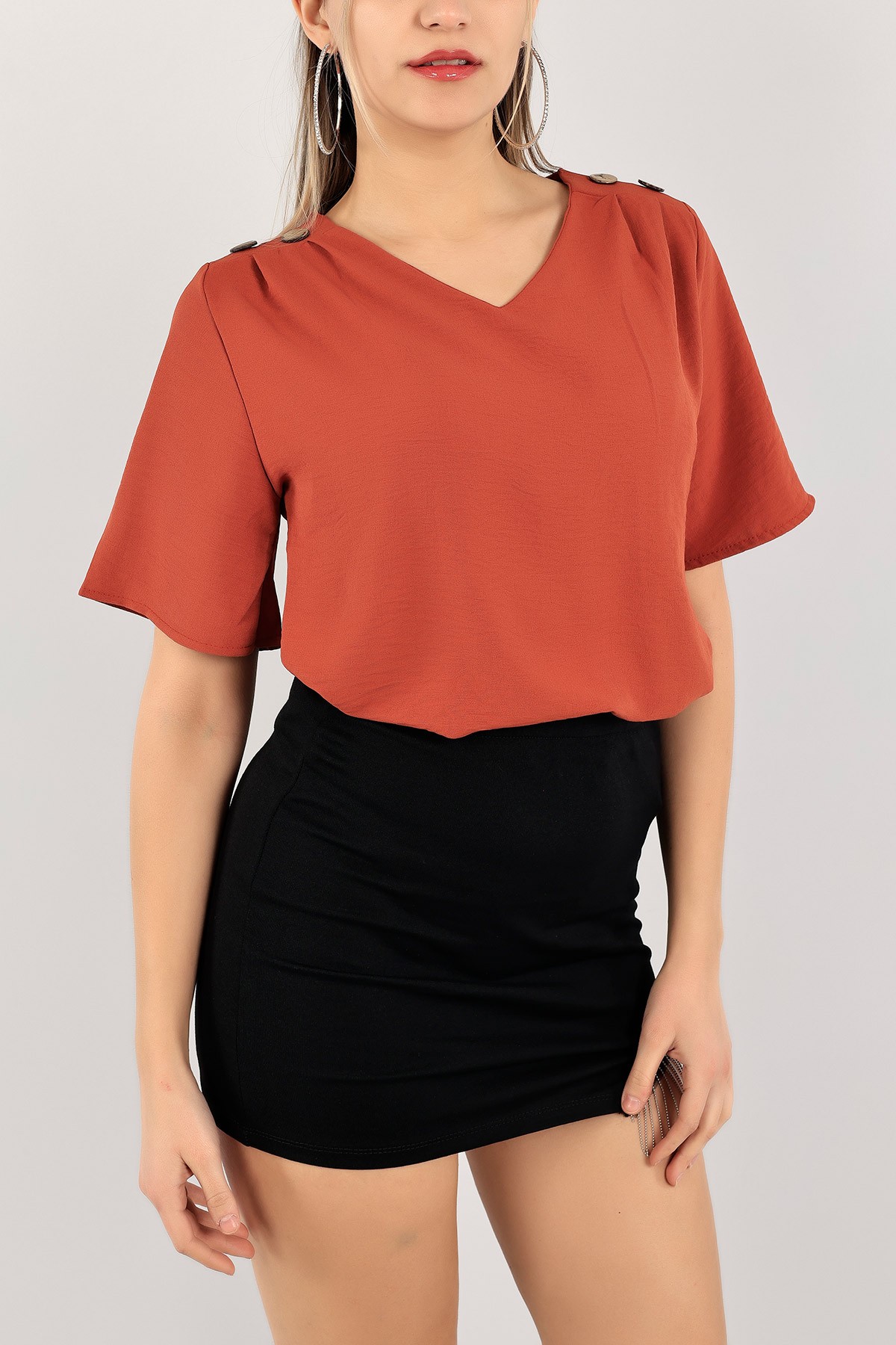 Kiremit Omuz Düğmeli Aerobin Bluz 109965 | ModamızBir | Modamizbir.Com