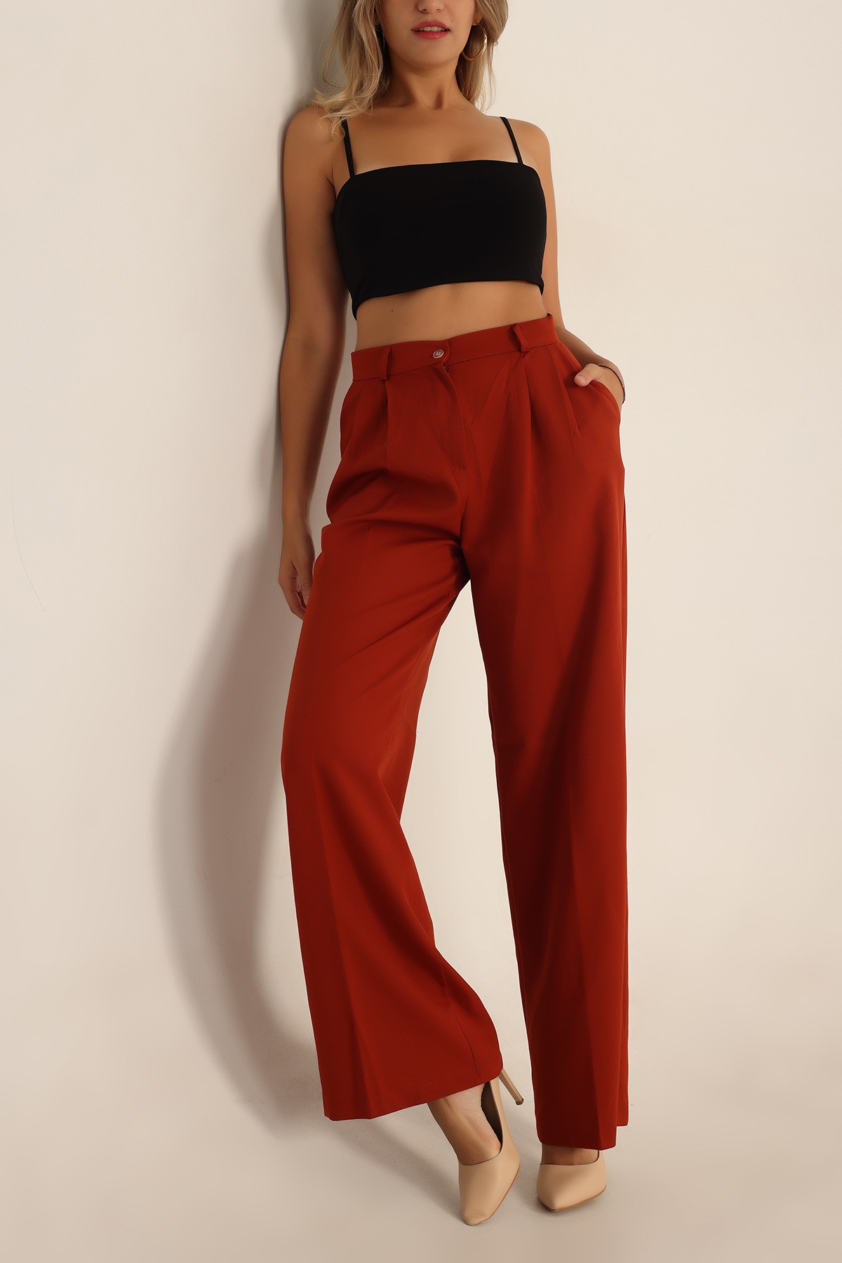 Kiremit Pileli Palazzo Bayan Pantalon 196341 | ModamızBir | Modamizbir.Com