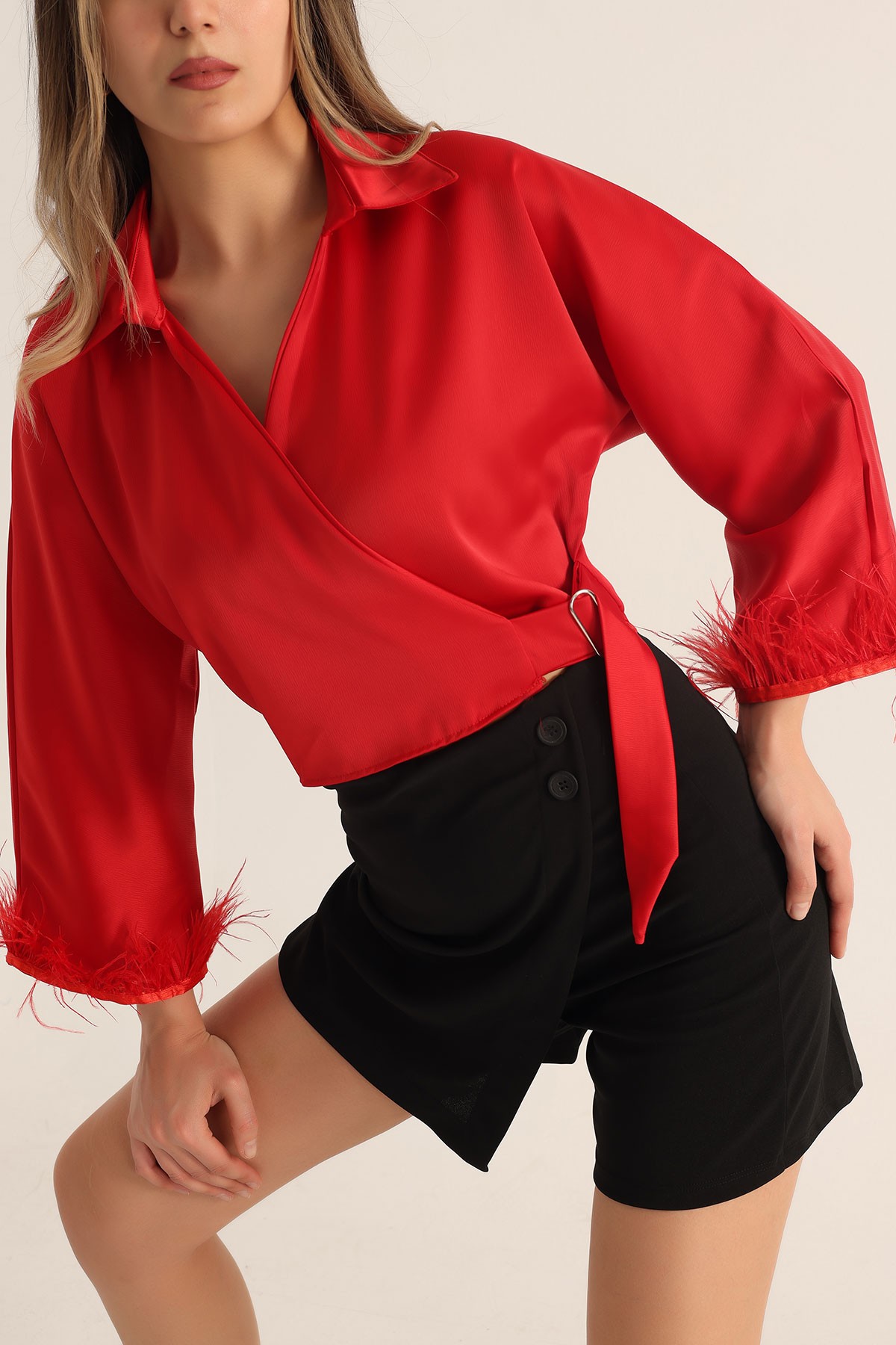 Kırmızı Bağlamalı Saten Bluz 174154 | ModamızBir | Modamizbir.Com