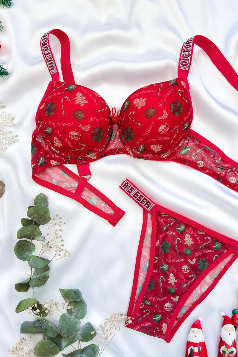 Kırmızı Desenli Taş Askılı Destekli Sütyen Takım 332393