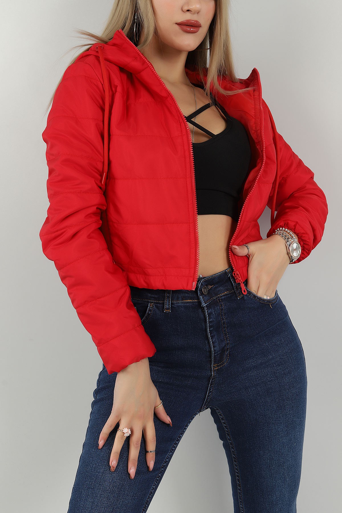 Kırmızı Kapüşonlu Bayan Mont 143608 | ModamızBir | Modamizbir.Com