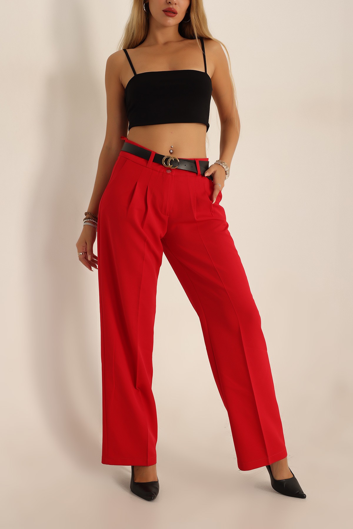 Kırmızı Pileli Bayan Pantalon 196299 | ModamızBir | Modamizbir.Com