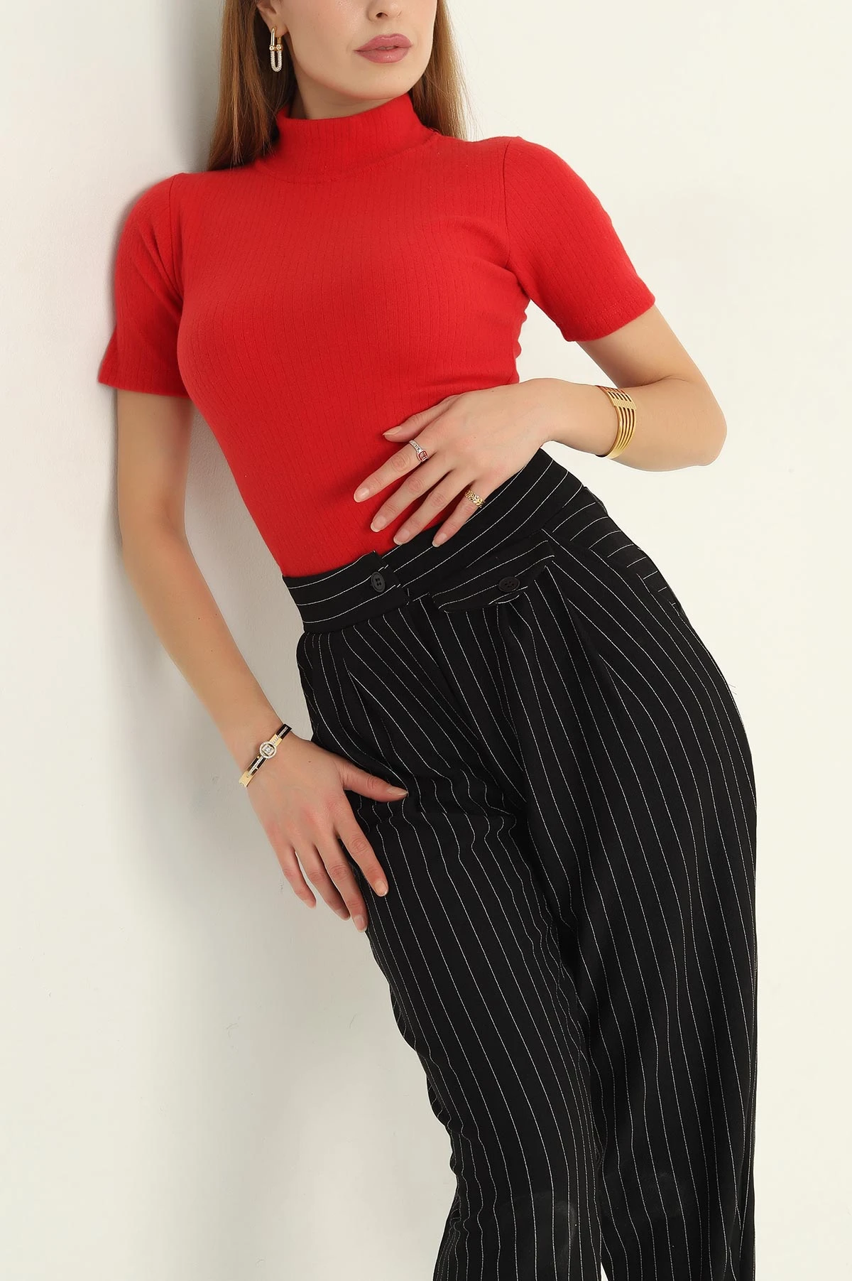 Kırmızı Şardon Dokulu Raporlu Triko Bluz 304109