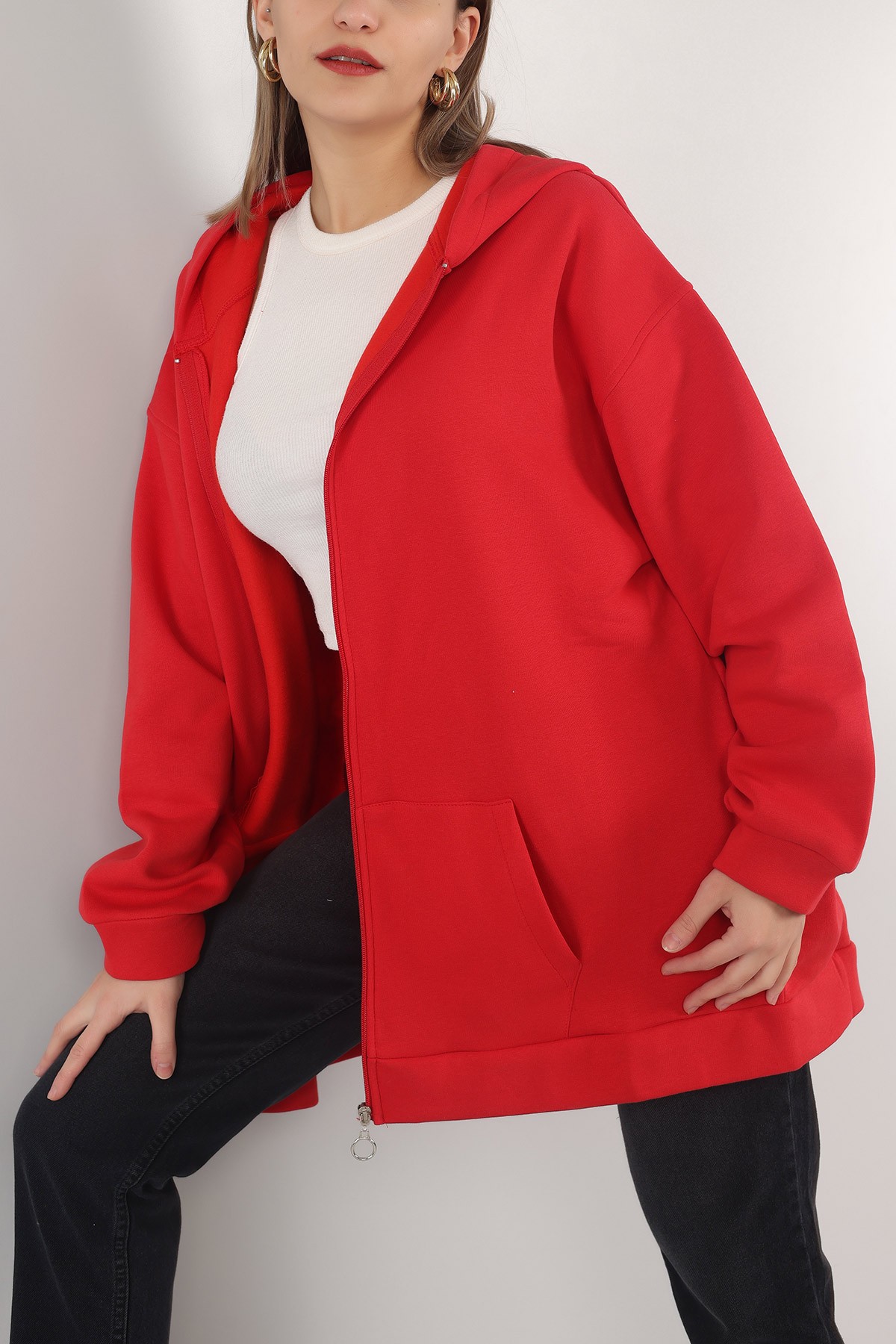 Kırmızı Şardonlu Fermuarlı Swea 151945 | ModamızBir | Modamizbir.Com