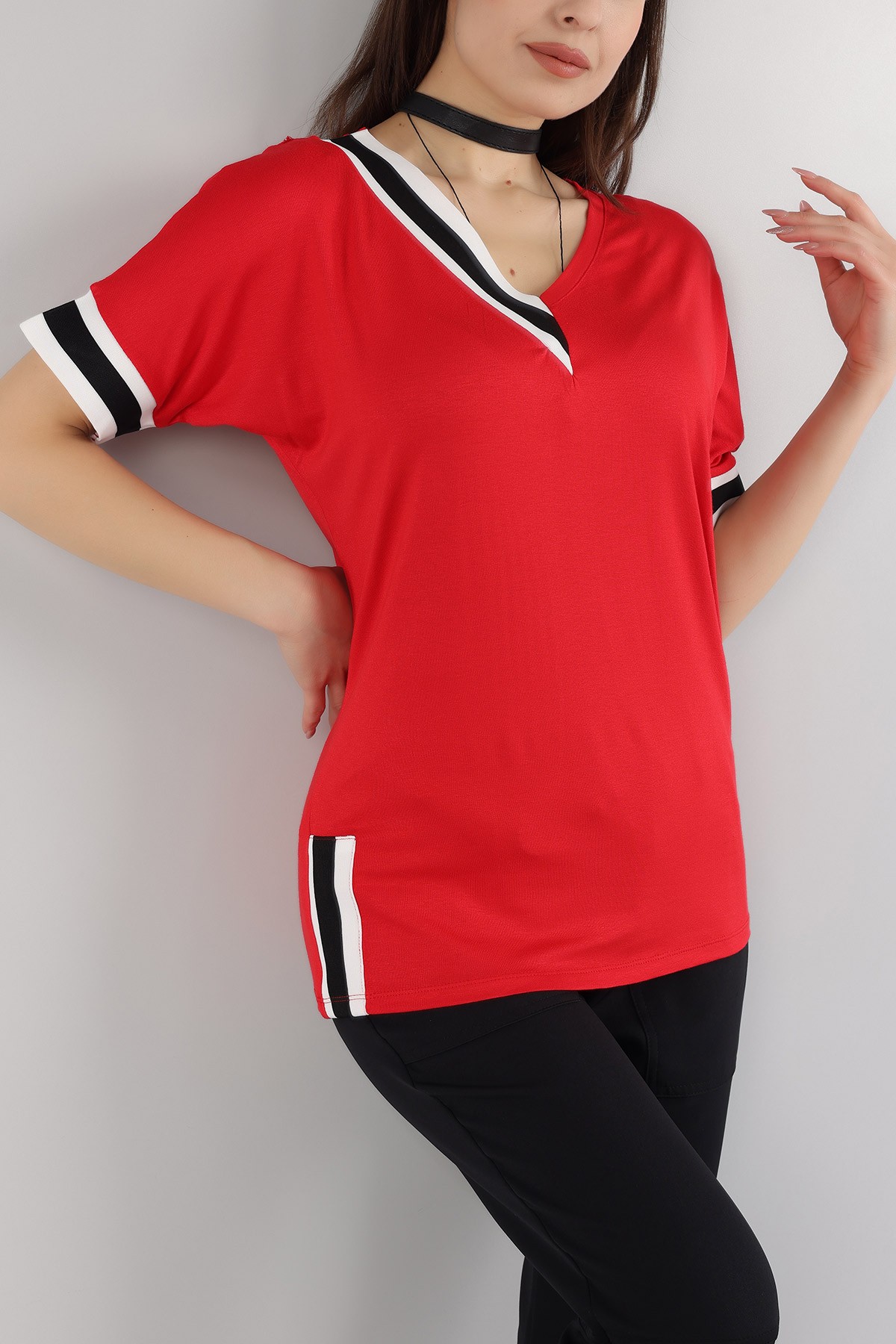 Kırmızı Yaka Kol Detay Tasarım Bluz 165038 | ModamızBir | Modamizbir.Com