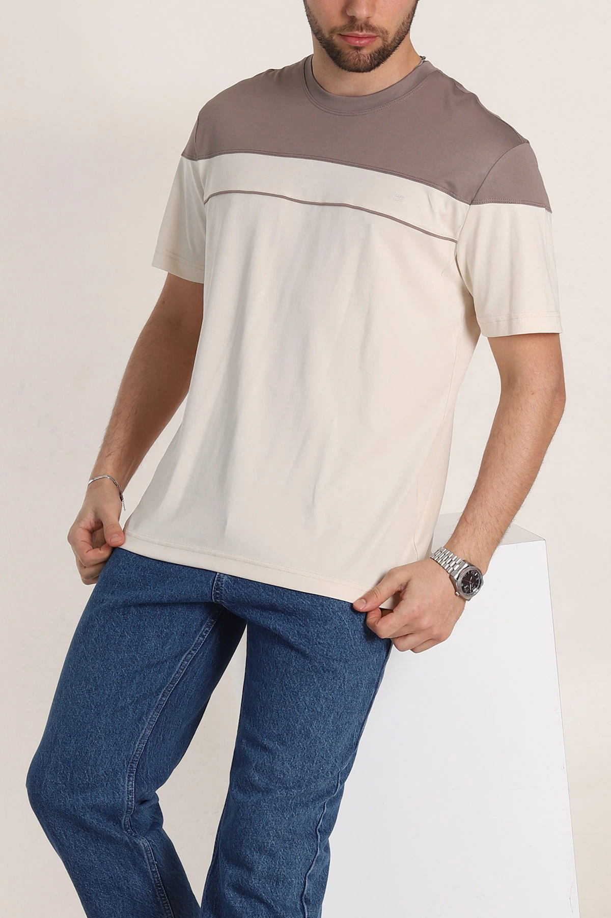 Krem Beyaz Çift Renk Regular Fit Jakarlı Erkek Tişört 346244