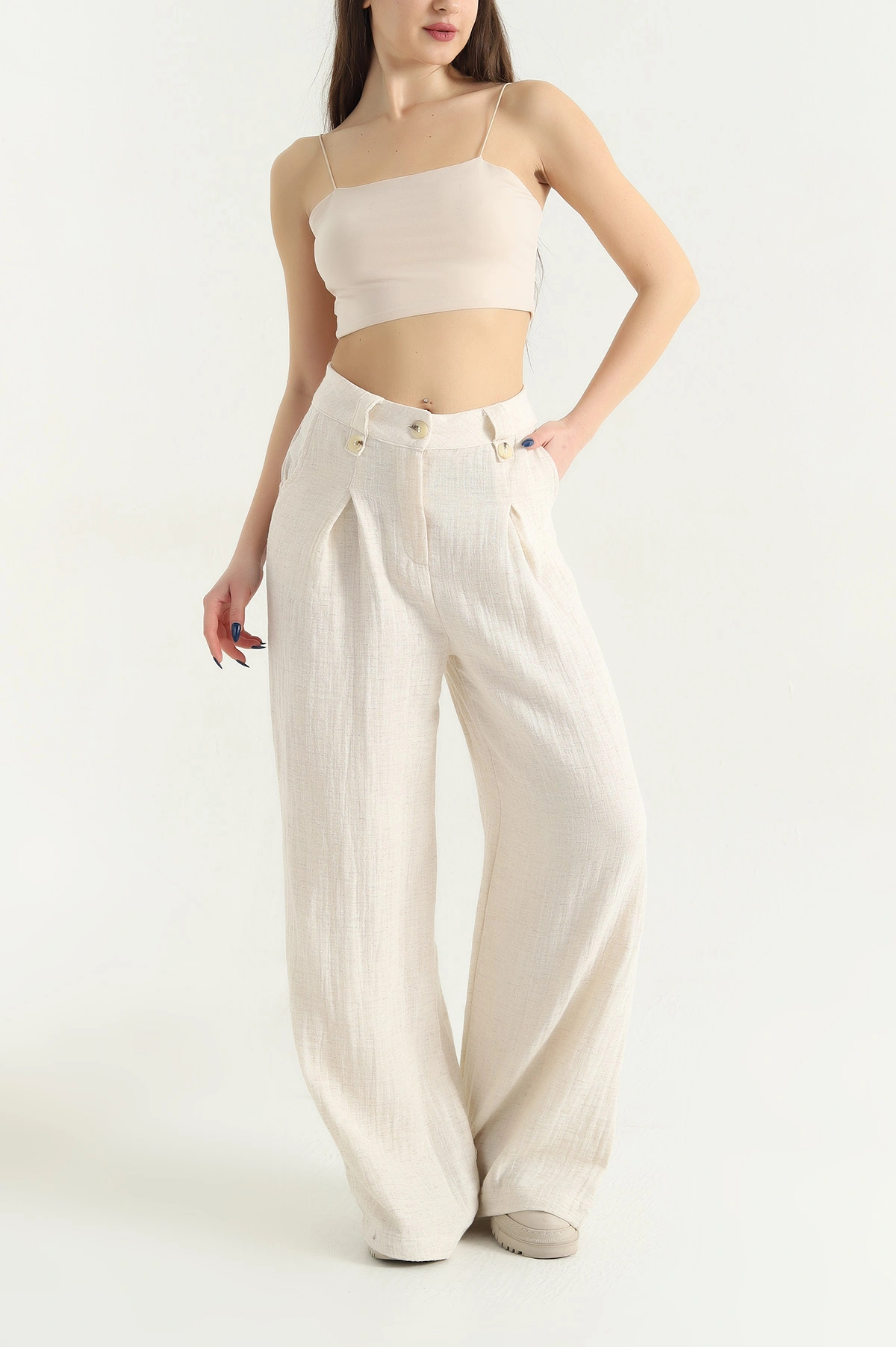 Krem Cepli Pileli Bol Paça Keten Kadın Pantolon 341255