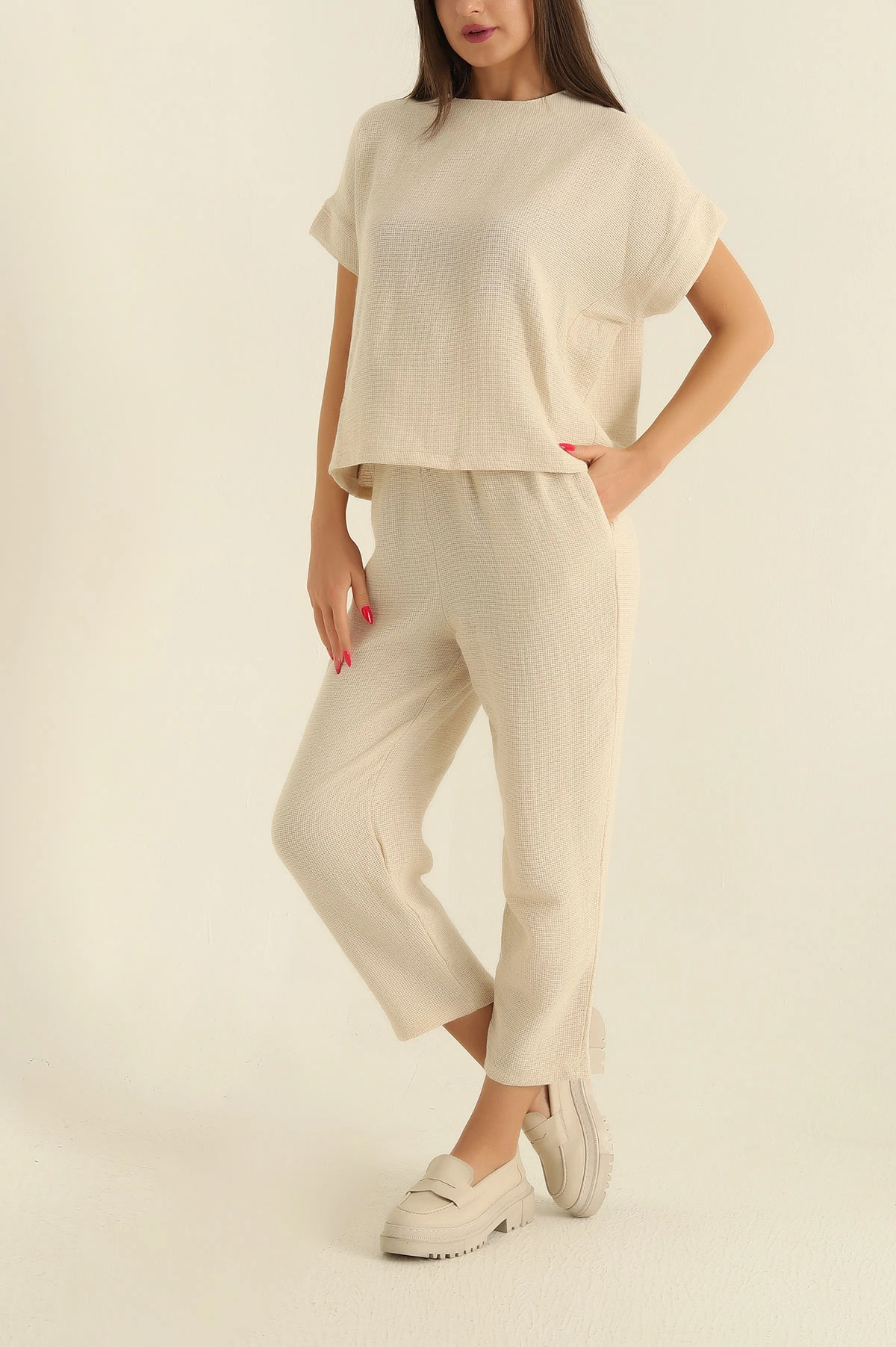 Krem Hasır Keten Bayan ikili Takım 278652 | ModamızBir | Modamizbir.Com